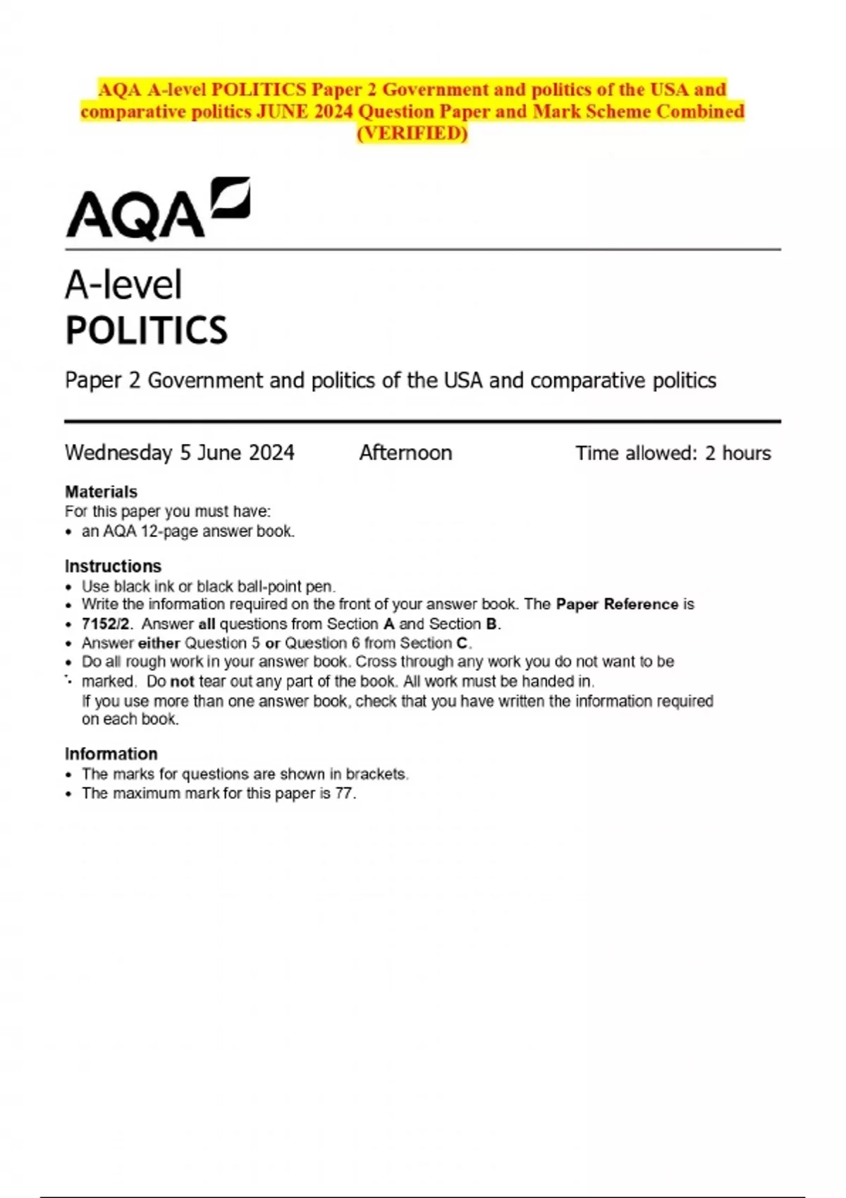 2024 AQA A-level POLITICS Paper 2 Government and politics of the USA ...