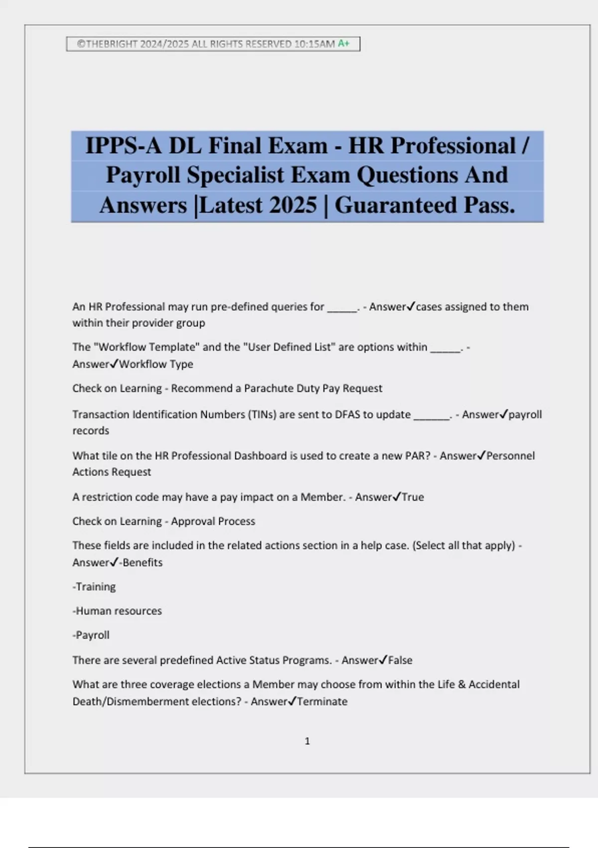 IPPS-A DL Final Exam - HR Professional / Payroll Specialist Exam ...