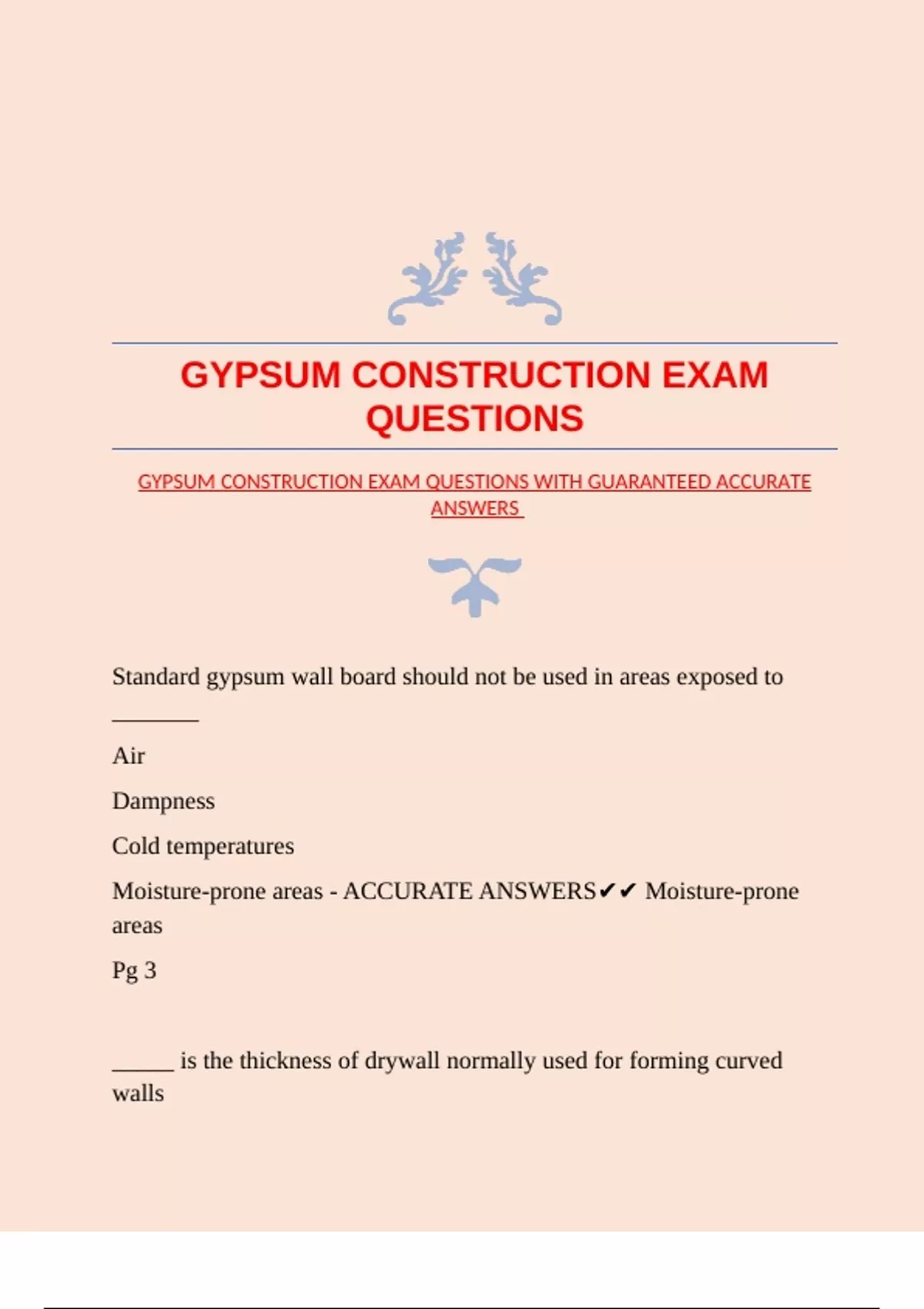 GYPSUM CONSTRUCTION EXAM QUESTIONS WITH GUARANTEED ACCURATE ANSWERS ...