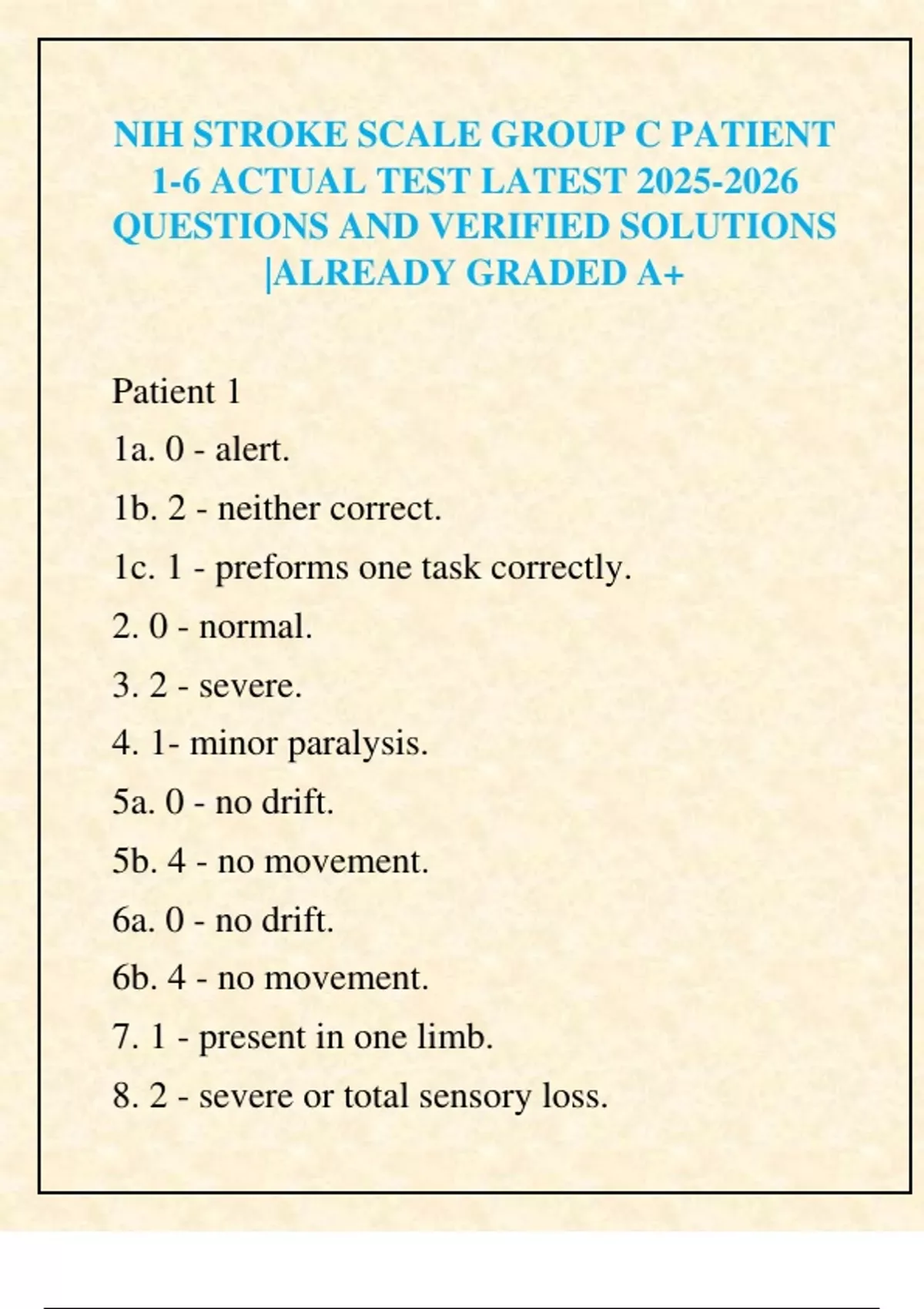 NIH STROKE SCALE GROUP C PATIENT 1-6 ACTUAL TEST LATEST QUESTIONS AND ...