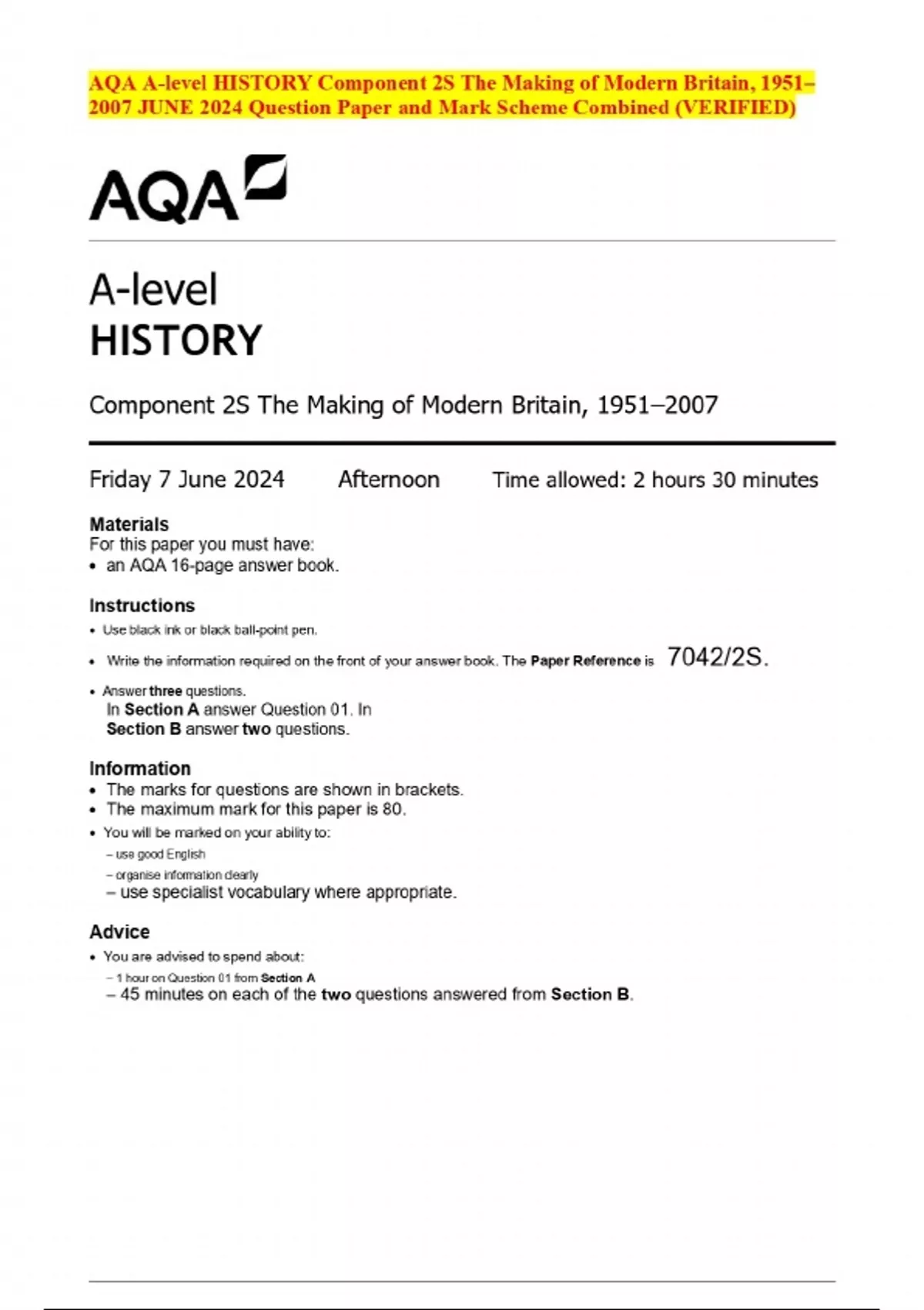 2024 AQA A-level HISTORY Component 2S The Making of Modern Britain ...