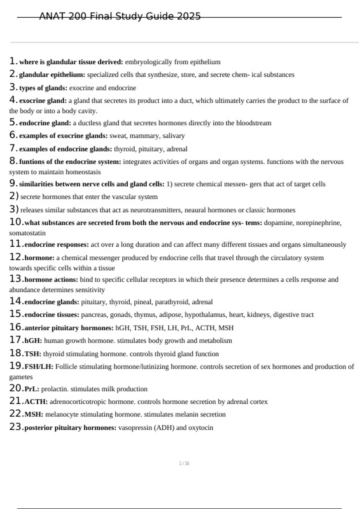 Summary ANAT 200 Final Study Guide 2025 - ANAT 200 - Stuvia US