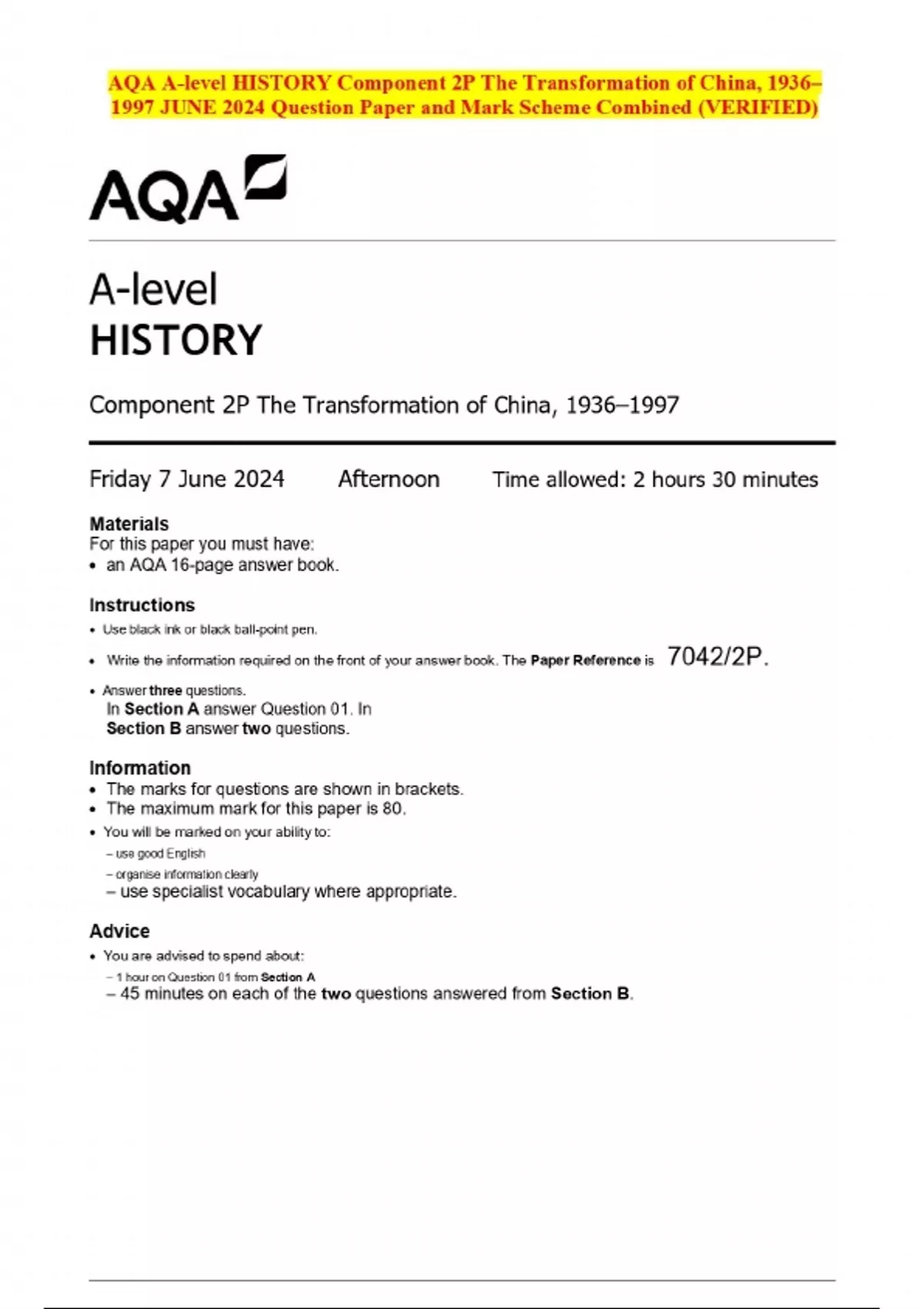 2024 AQA A-level HISTORY Component 2P The Transformation of China, 1936 ...