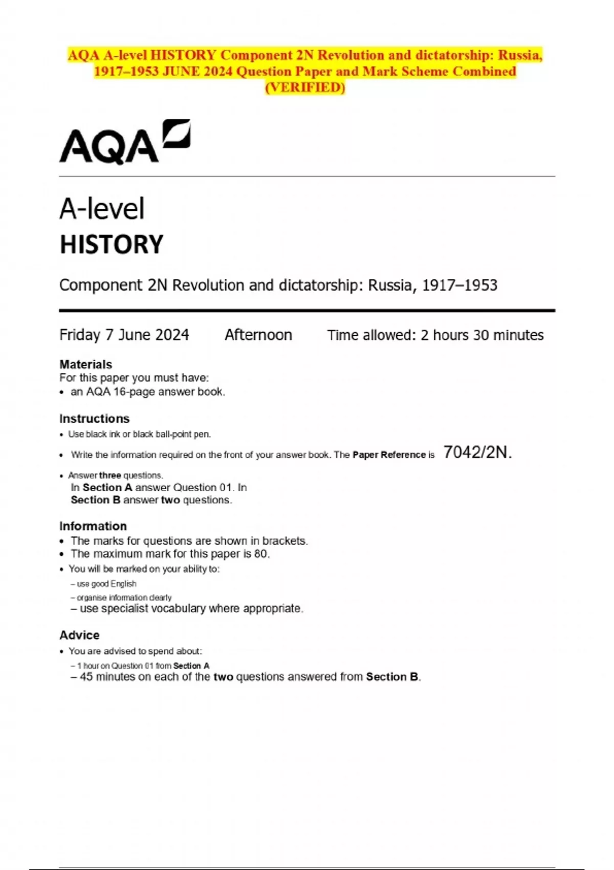 2024 AQA A-level HISTORY Component 2N Revolution and dictatorship: Russia, 1917–1953 JUNE ...