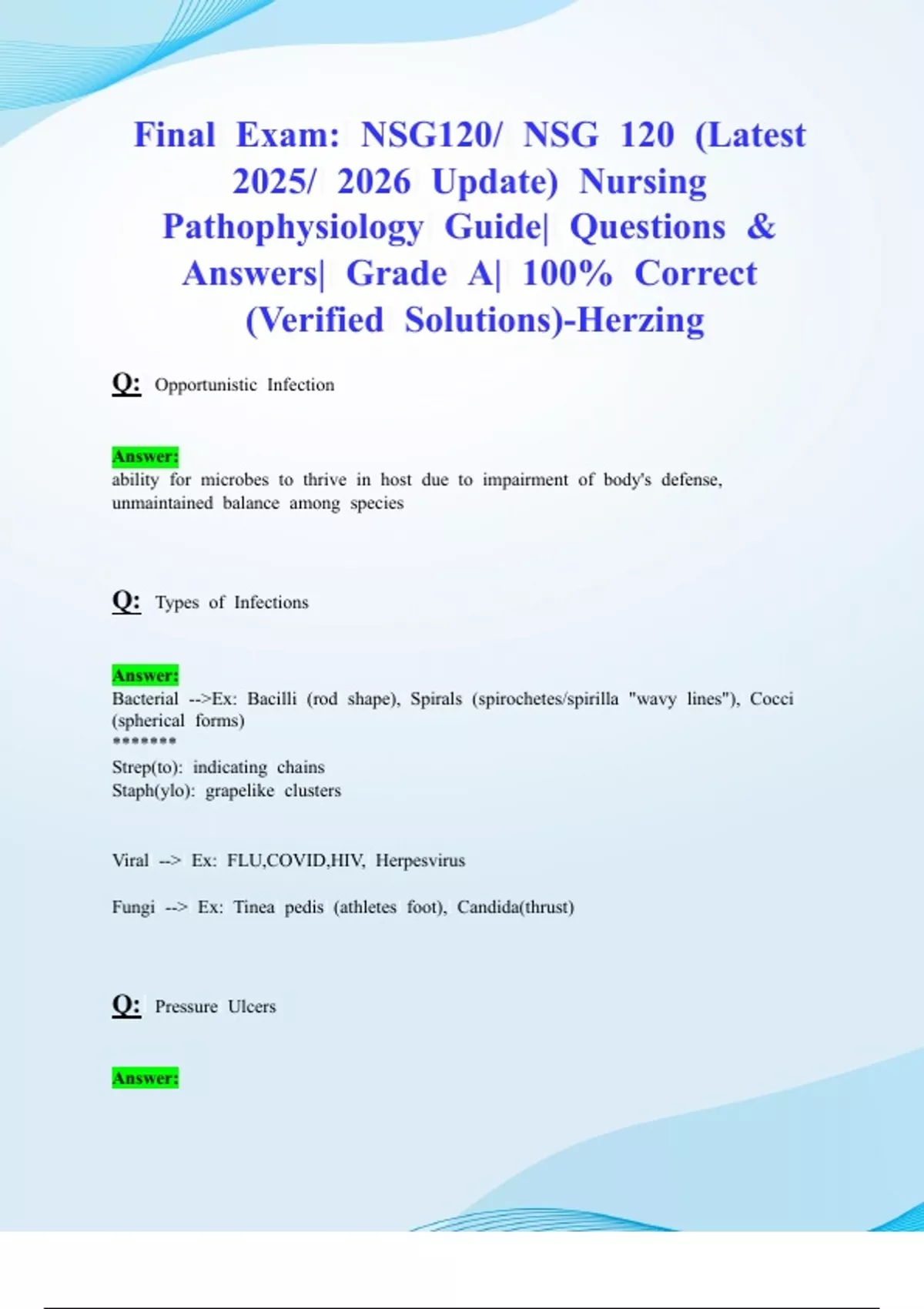 Final Exam: NSG120/ NSG 120 (Latest 2025/ 2026 Update) Nursing ...