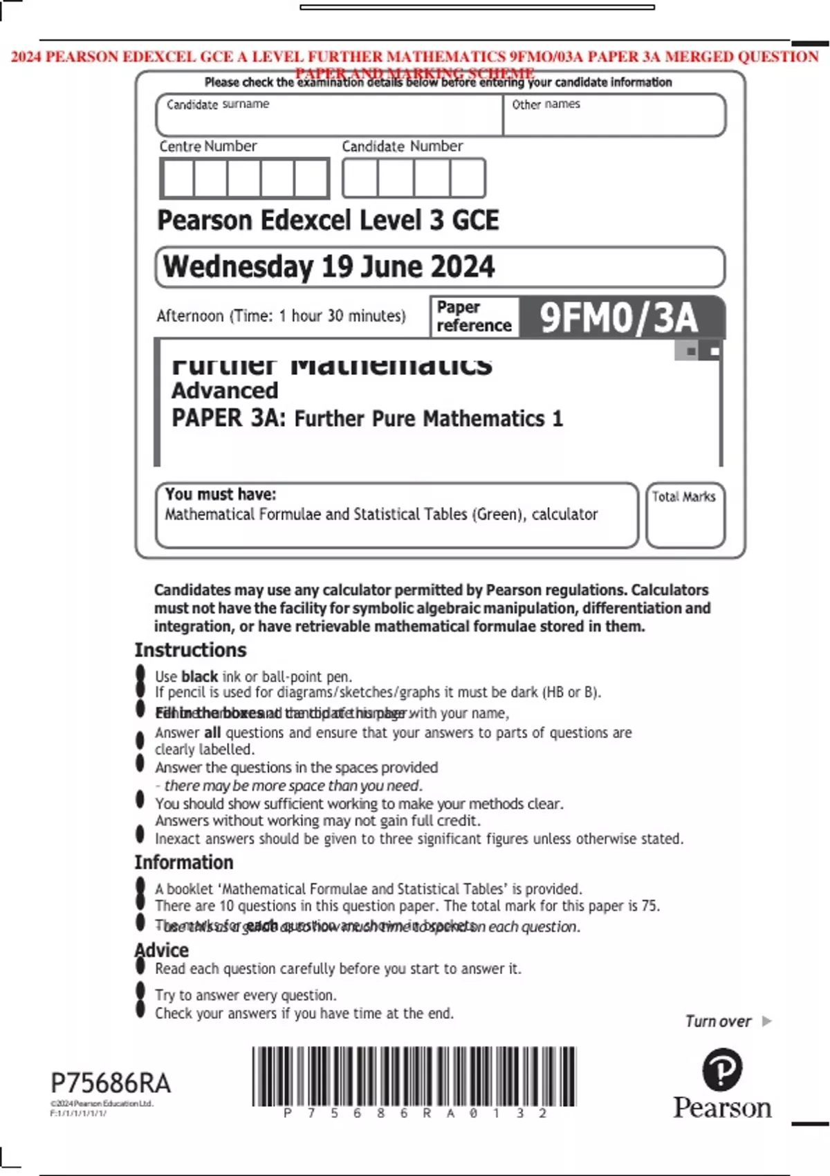 2024 PEARSON EDEXCEL GCE A LEVEL FURTHER MATHEMATICS 9FMO/03A PAPER 3A ...