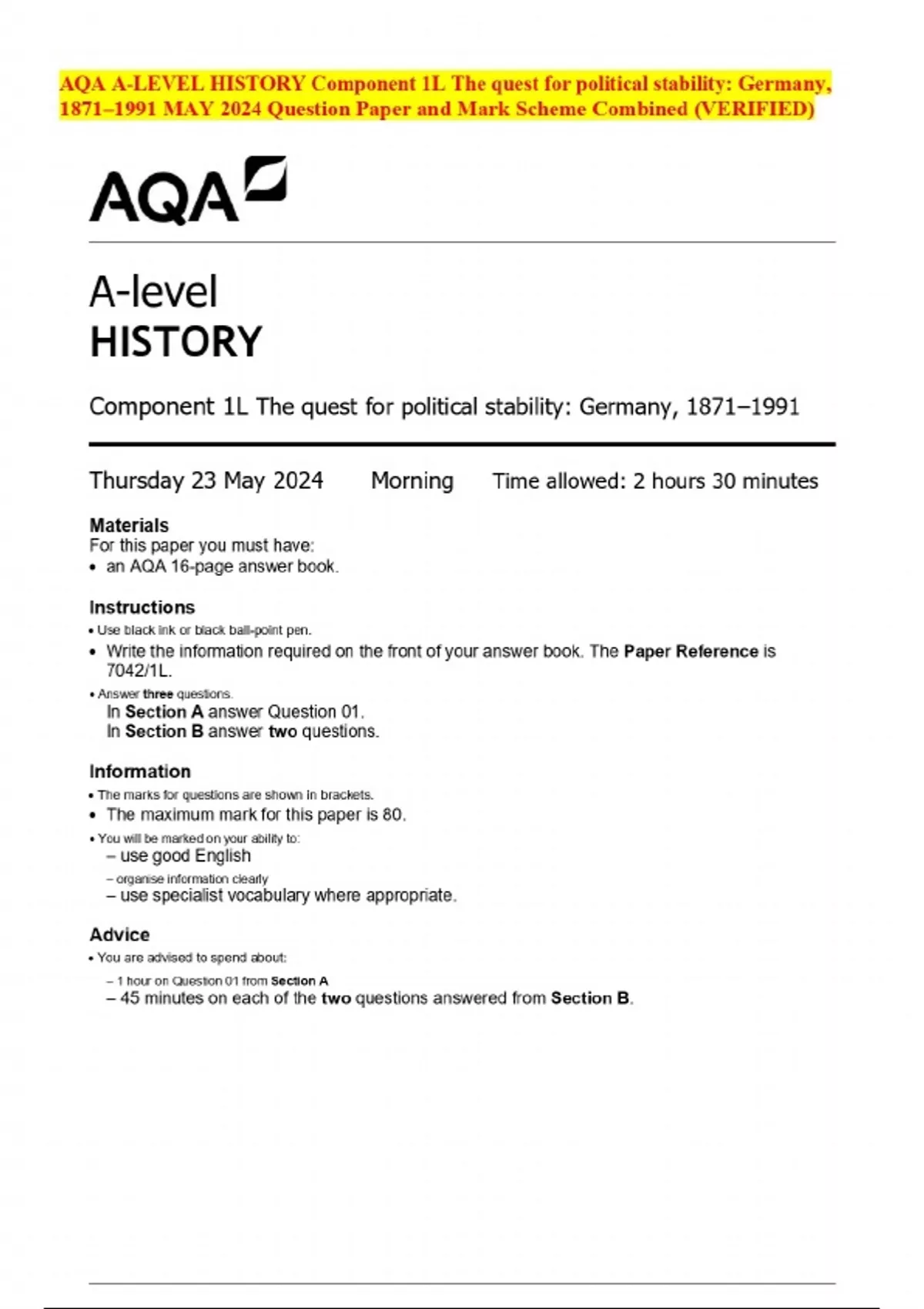 2024 AQA A-LEVEL HISTORY Component 1L The quest for political stability ...