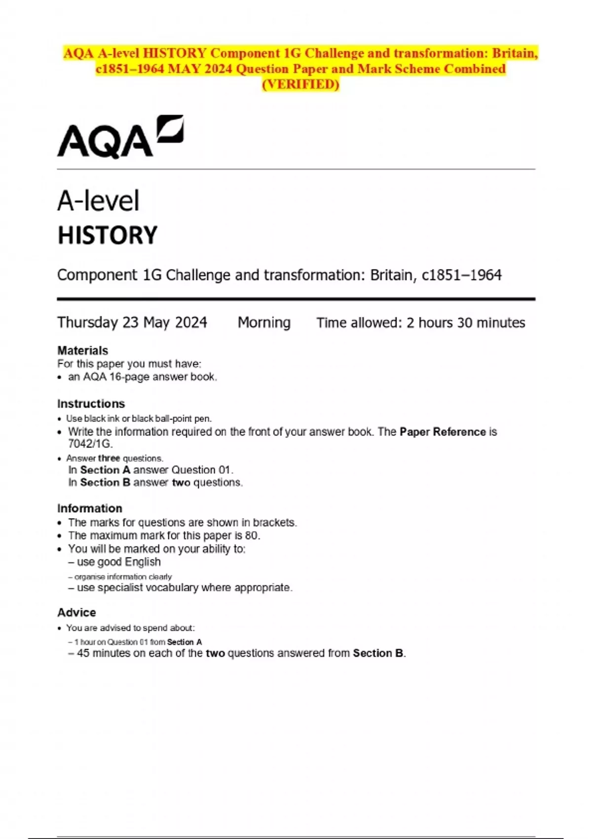 2024 AQA A-level HISTORY Component 1G Challenge and transformation ...