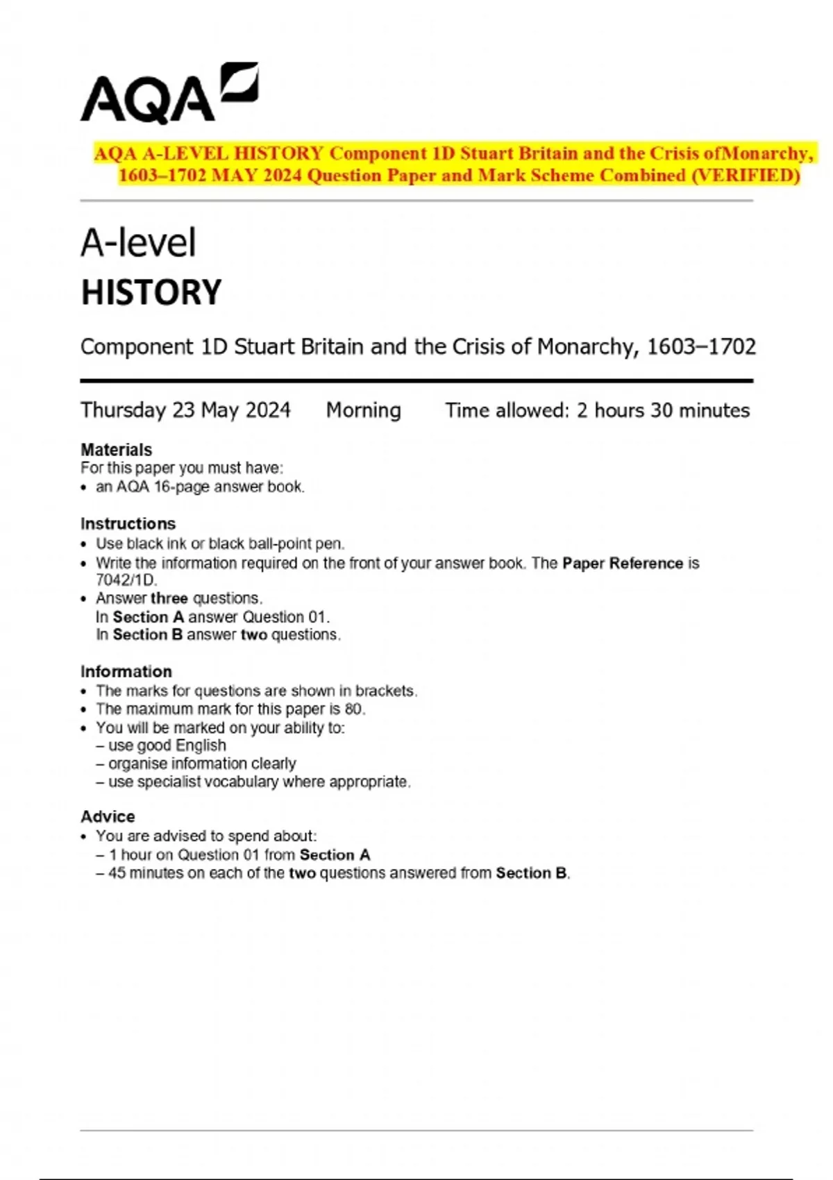 2024 AQA A-LEVEL HISTORY Component 1D Stuart Britain and the Crisis of ...