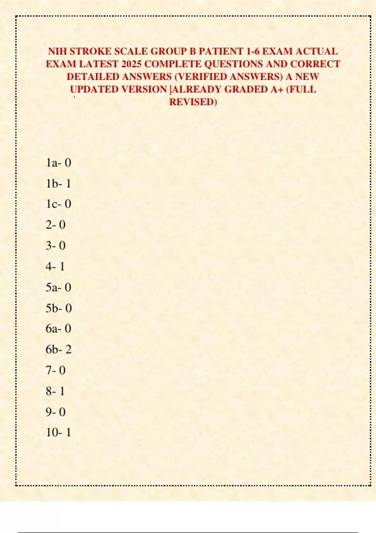 NIH STROKE SCALE GROUP B PATIENT 1-6 EXAM ACTUAL EXAM LATEST 2025 ...