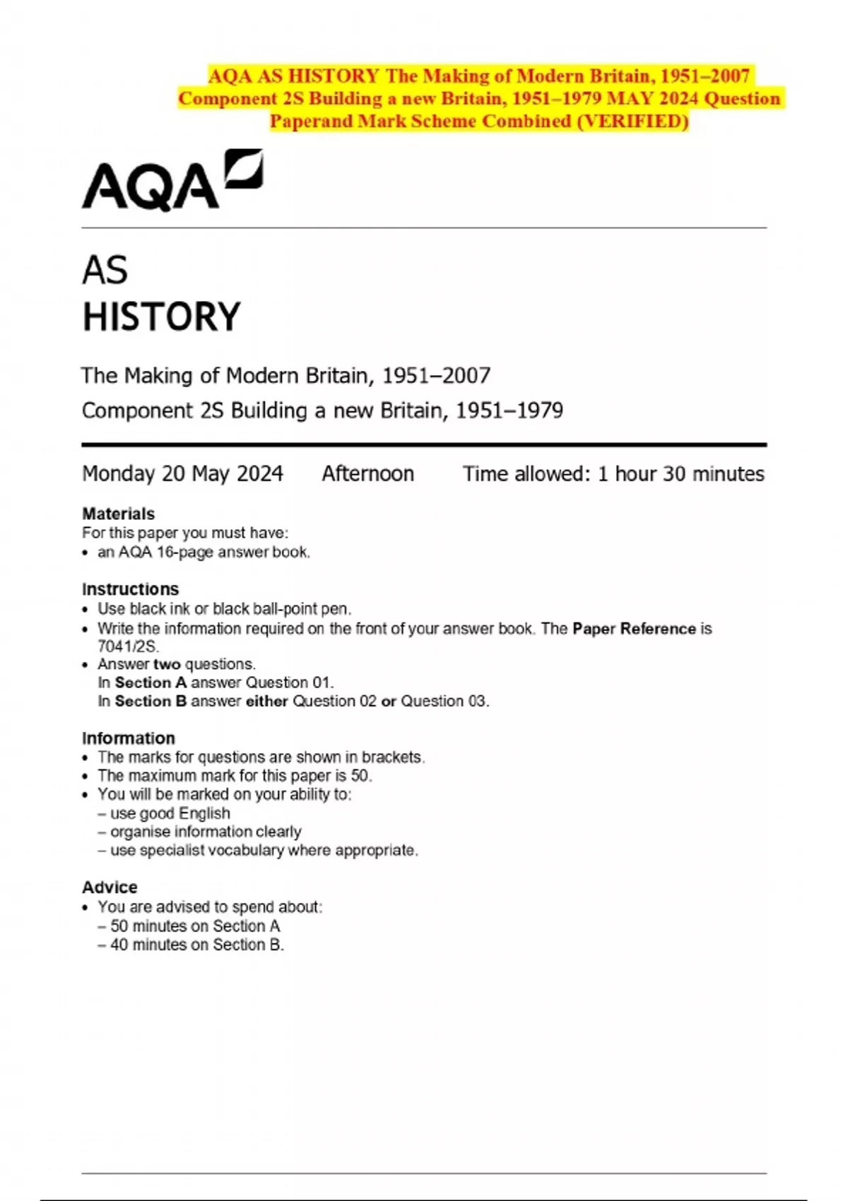2024 AQA AS HISTORY The Making of Modern Britain, 1951–2007 Component ...