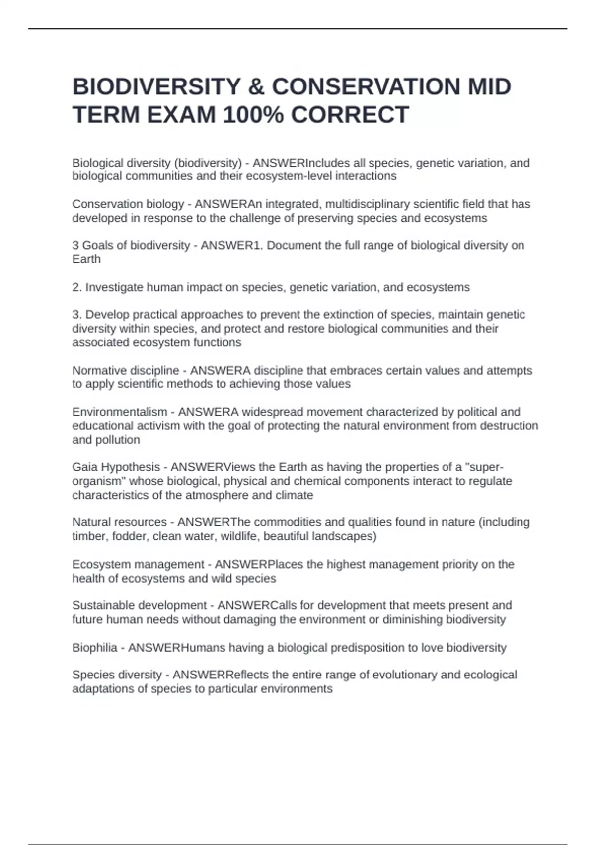 BIODIVERSITY & CONSERVATION MID TERM EXAM 100% CORRECT - Biodiversity ...
