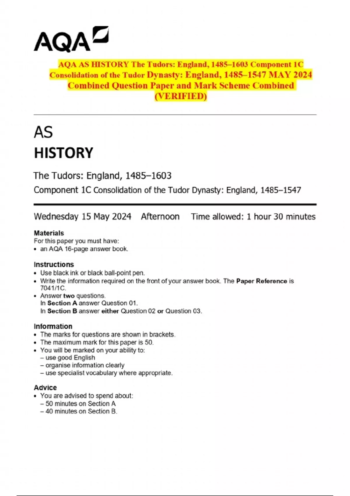 2024 AQA AS HISTORY The Tudors: England, 1485–1603 Component 1C ...