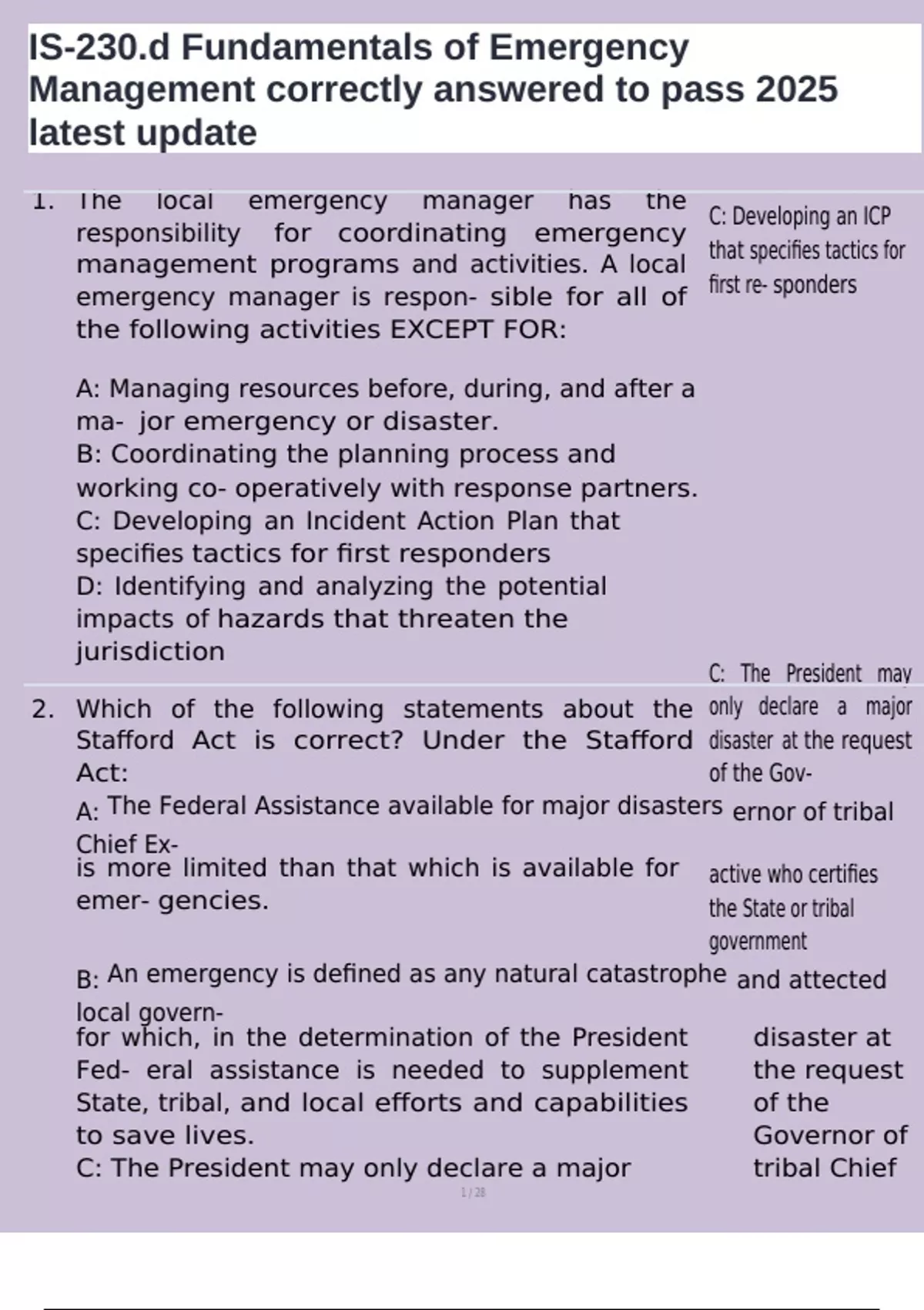 IS-230.d Fundamentals of Emergency Management correctly answered to ...