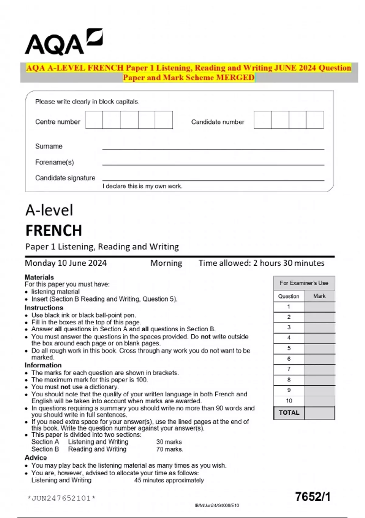 2024 AQA A-LEVEL FRENCH Paper 1 Listening, Reading and Writing JUNE ...