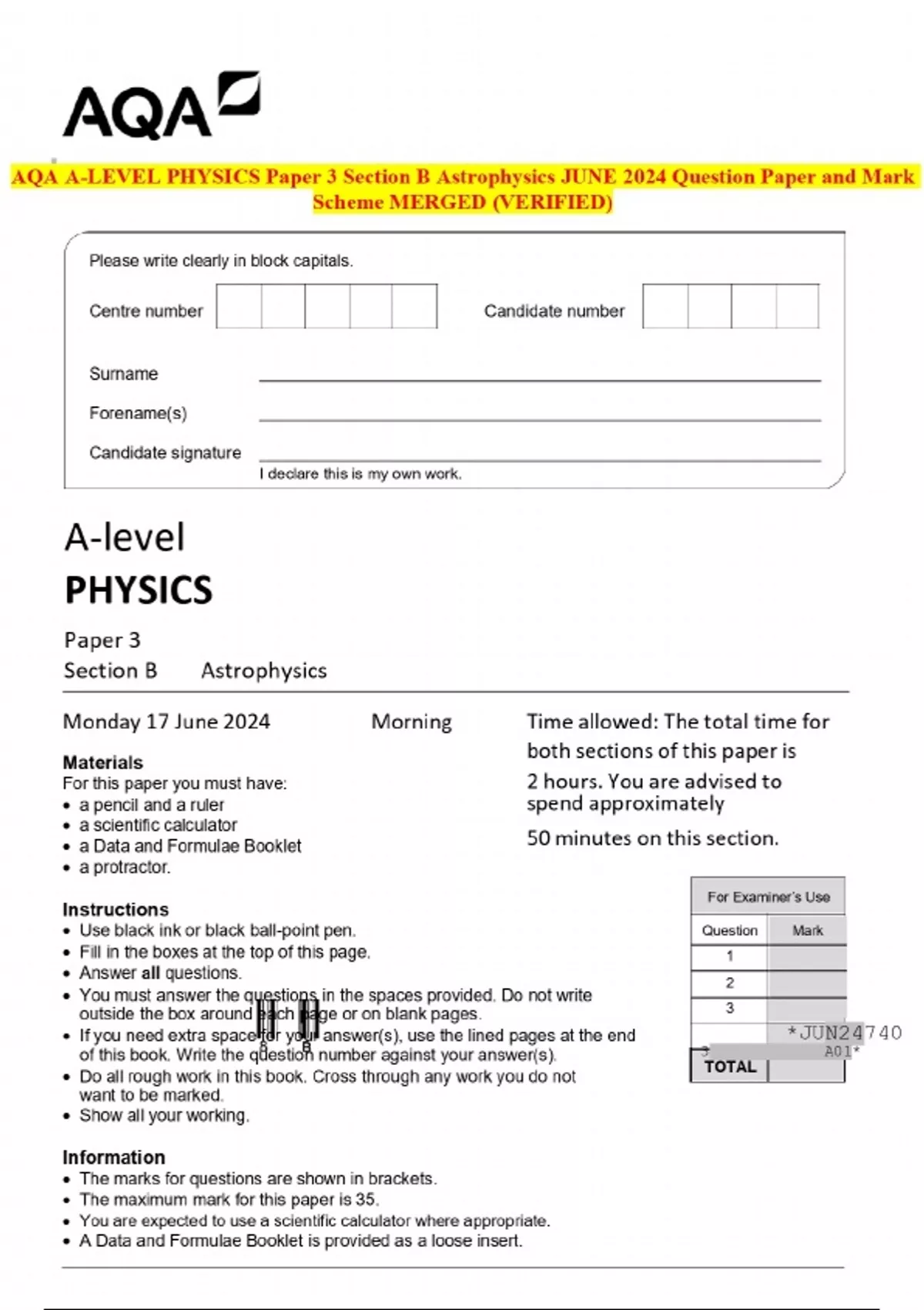 2024 AQA A-LEVEL PHYSICS Paper 3 Section B Astrophysics JUNE Question ...
