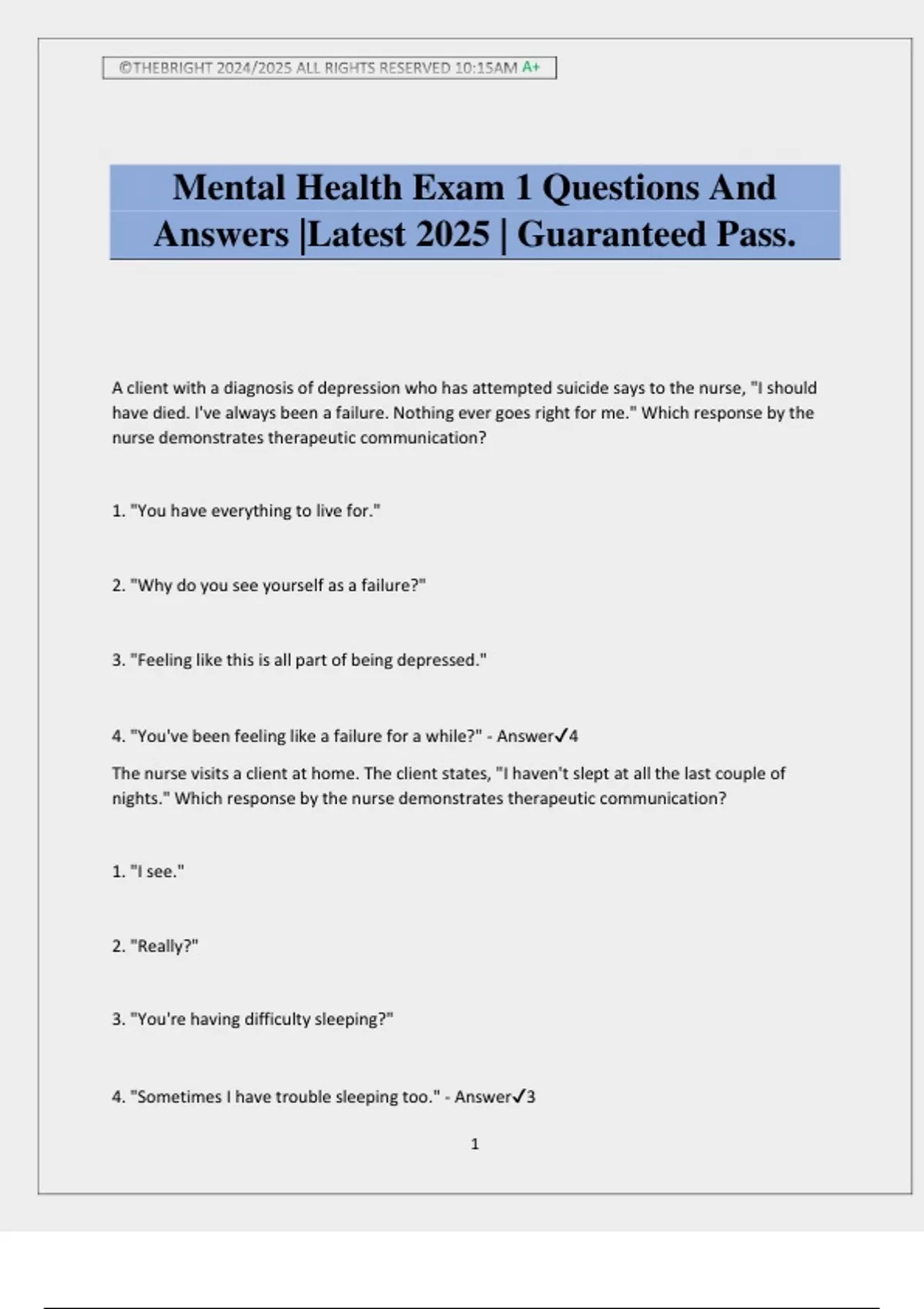 Mental Health Exam 1 Questions And Answers |Latest 2025 | Guaranteed ...