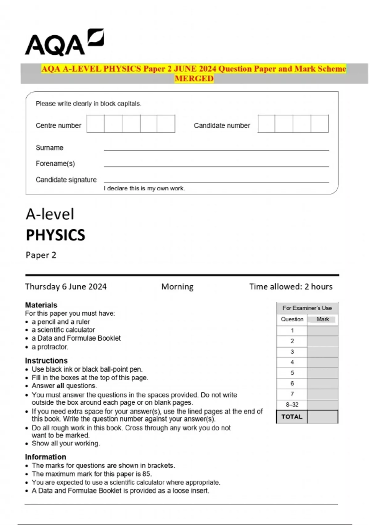 2024 AQA A-LEVEL PHYSICS Paper 2 JUNE Question Paper and Mark Scheme ...