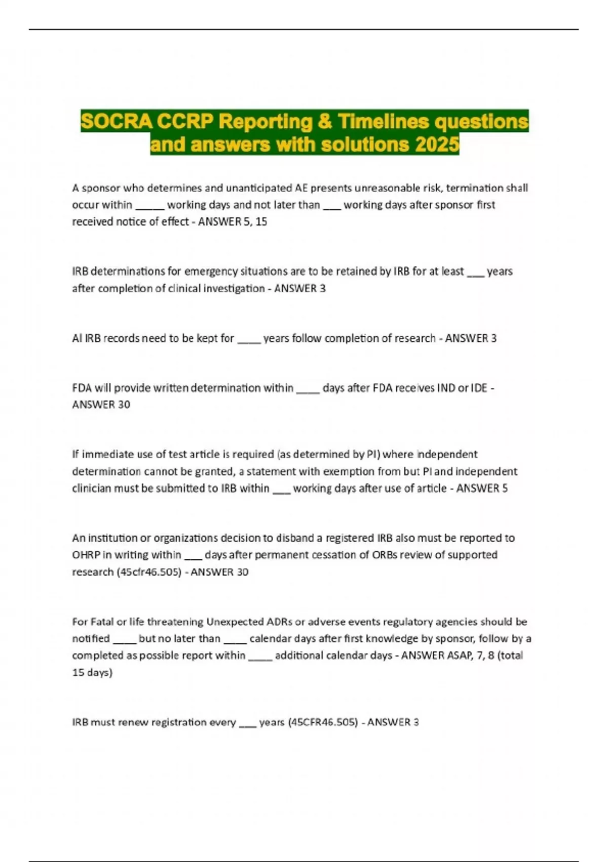 SOCRA CCRP Reporting & Timelines questions and answers with solutions ...