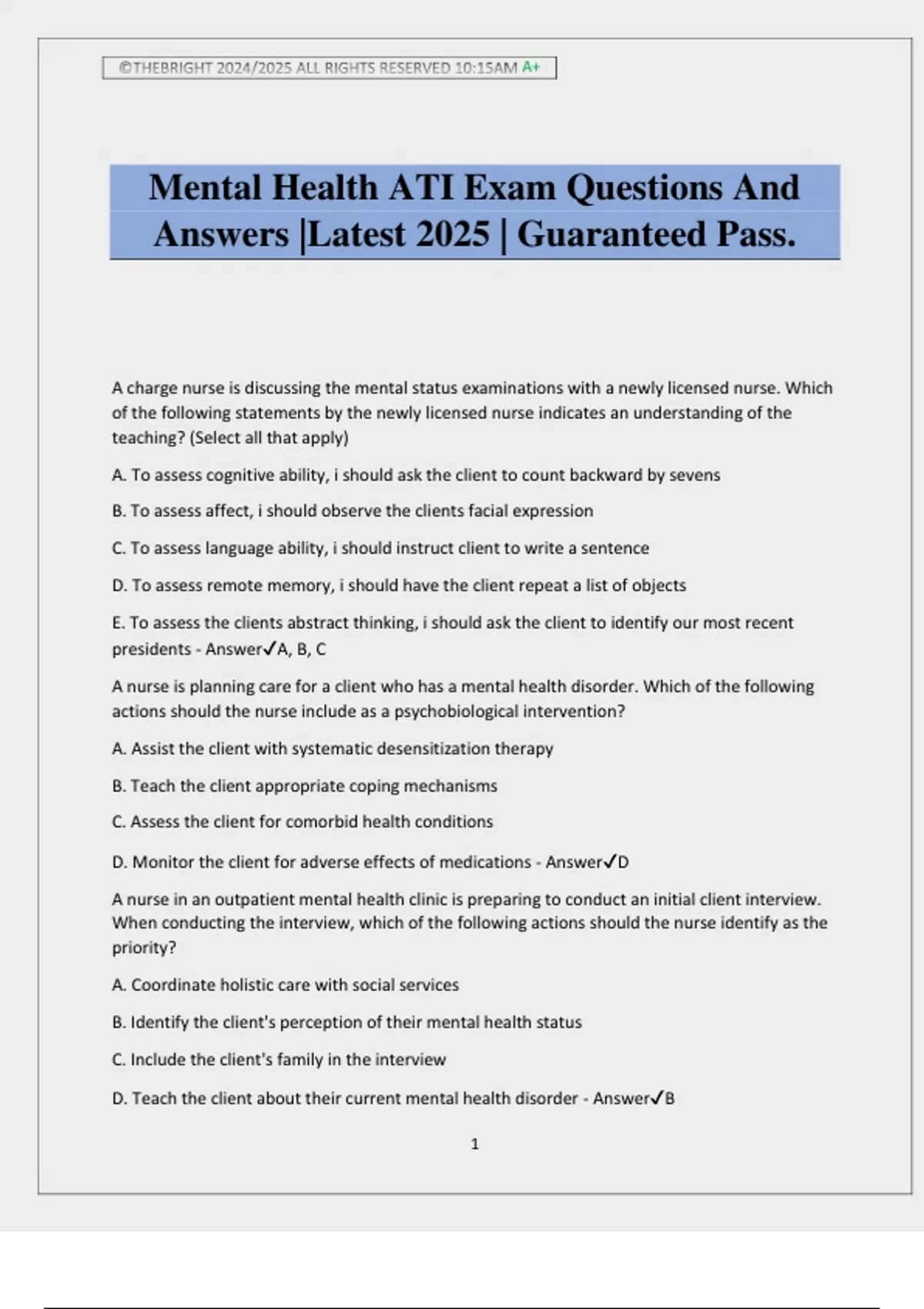 Mental Health ATI Exam Questions And Answers |Latest 2025 | Guaranteed ...