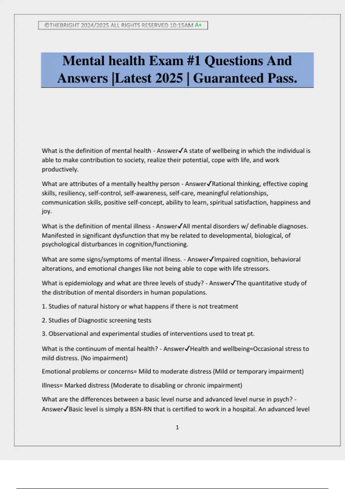 Mental health Exam #1 Questions And Answers |Latest 2025 | Guaranteed ...