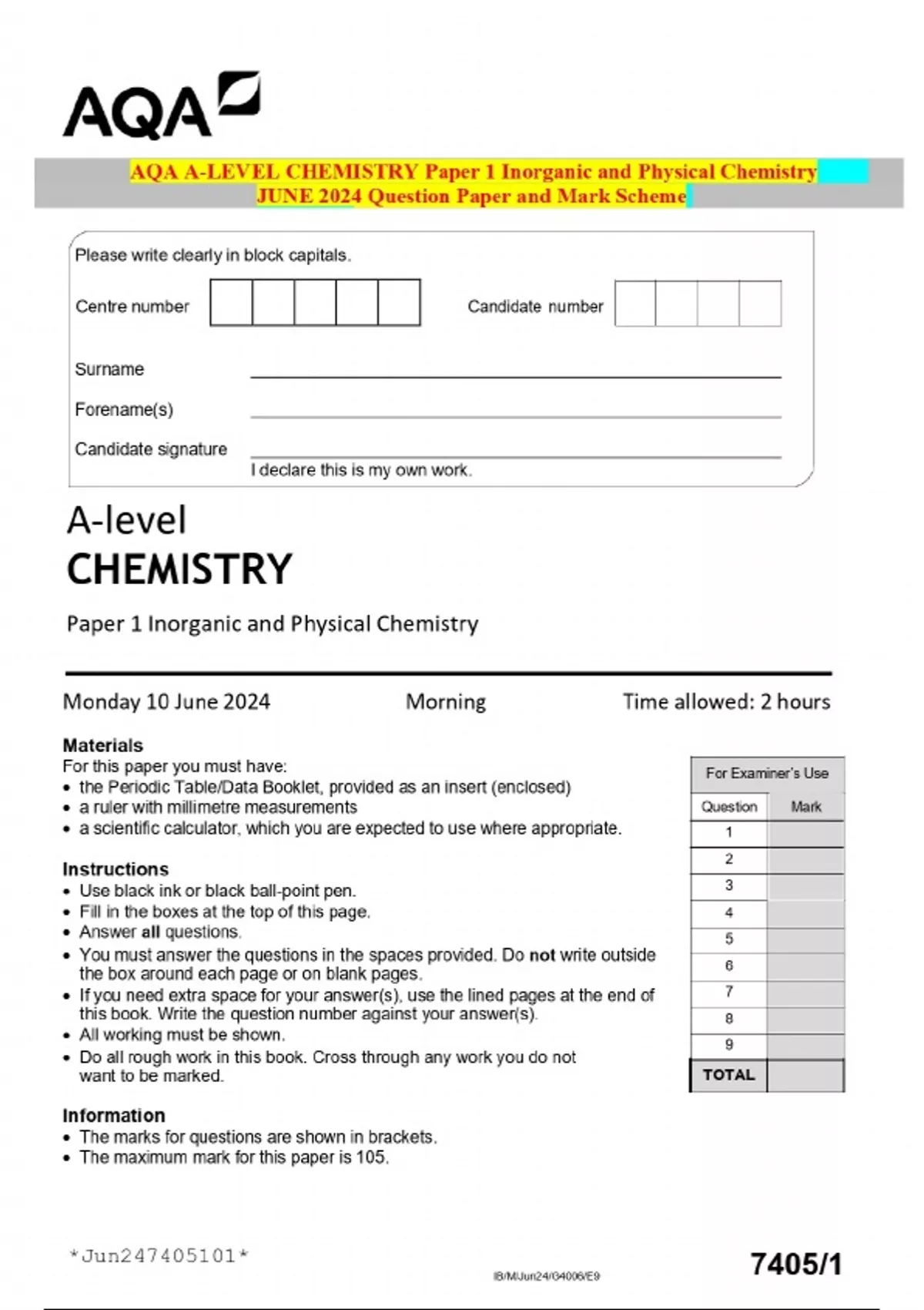 2024 AQA A-LEVEL CHEMISTRY Paper 1 Inorganic and Physical Chemistry ...