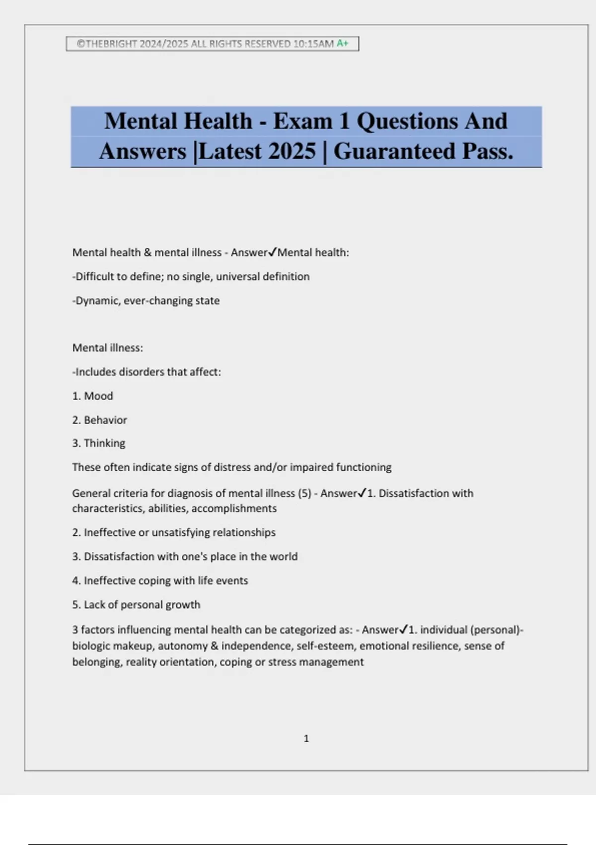 Mental Health - Exam 1 Questions And Answers |Latest 2025 | Guaranteed ...