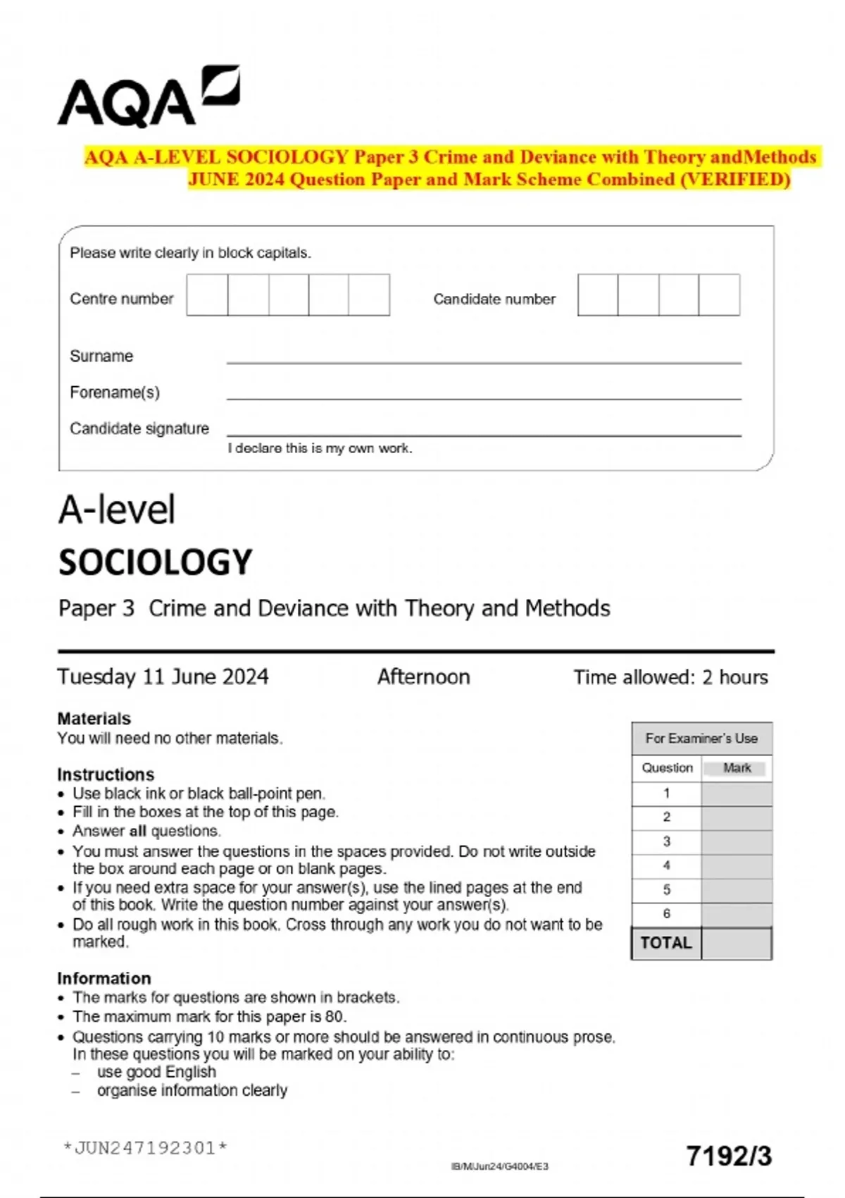 2024 AQA A-LEVEL SOCIOLOGY Paper 3 Crime and Deviance with Theory and ...