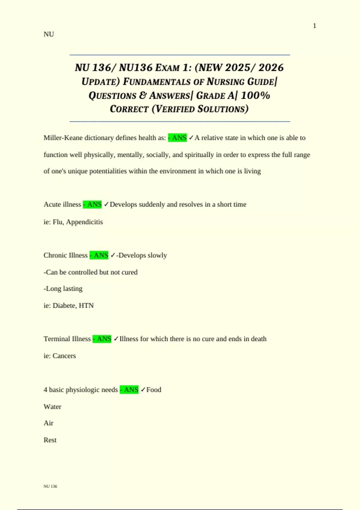 NU 136 Exam 1: Fundamentals of Nursing Guide (New 2026/2027 Update ...