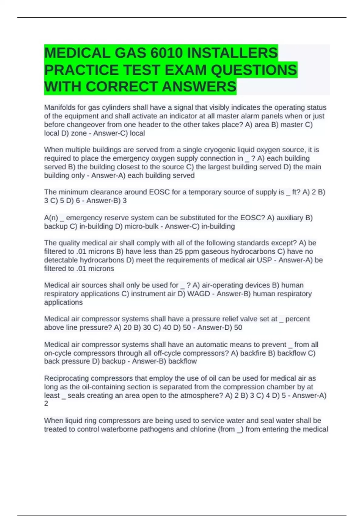MEDICAL GAS 6010 INSTALLERS PRACTICE TEST EXAM QUESTIONS WITH CORRECT ...