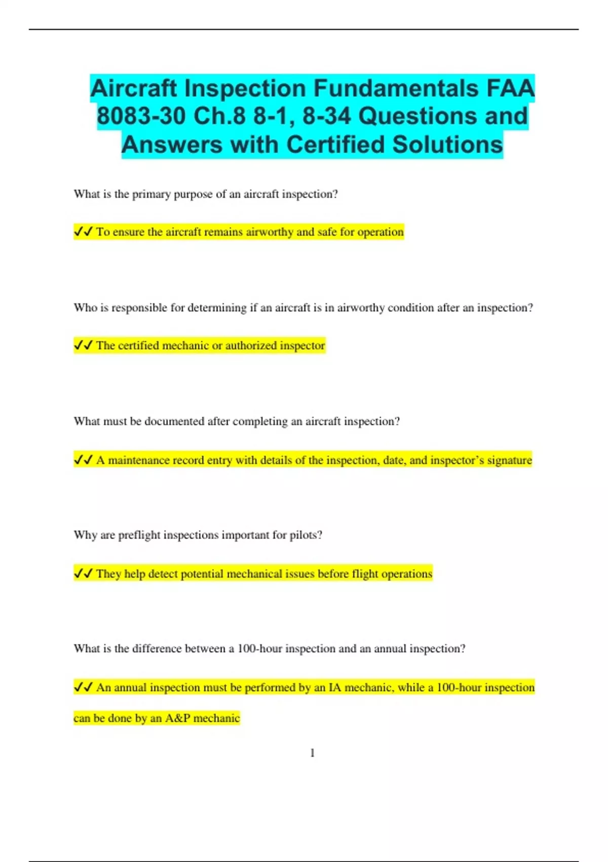 Aircraft Inspection Fundamentals FAA 8083-30 Ch.8 8-1, 8-34 Questions ...