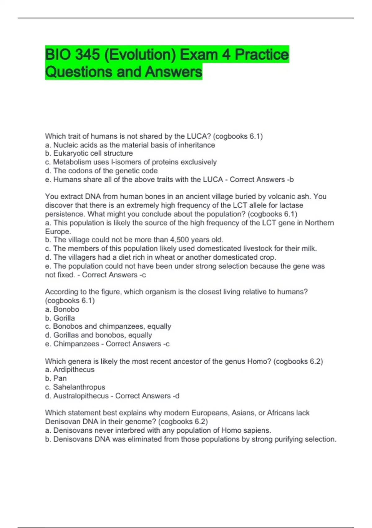 BIO 345 (Evolution) Exam 4 Practice Questions and Answers - BIO 345 ...