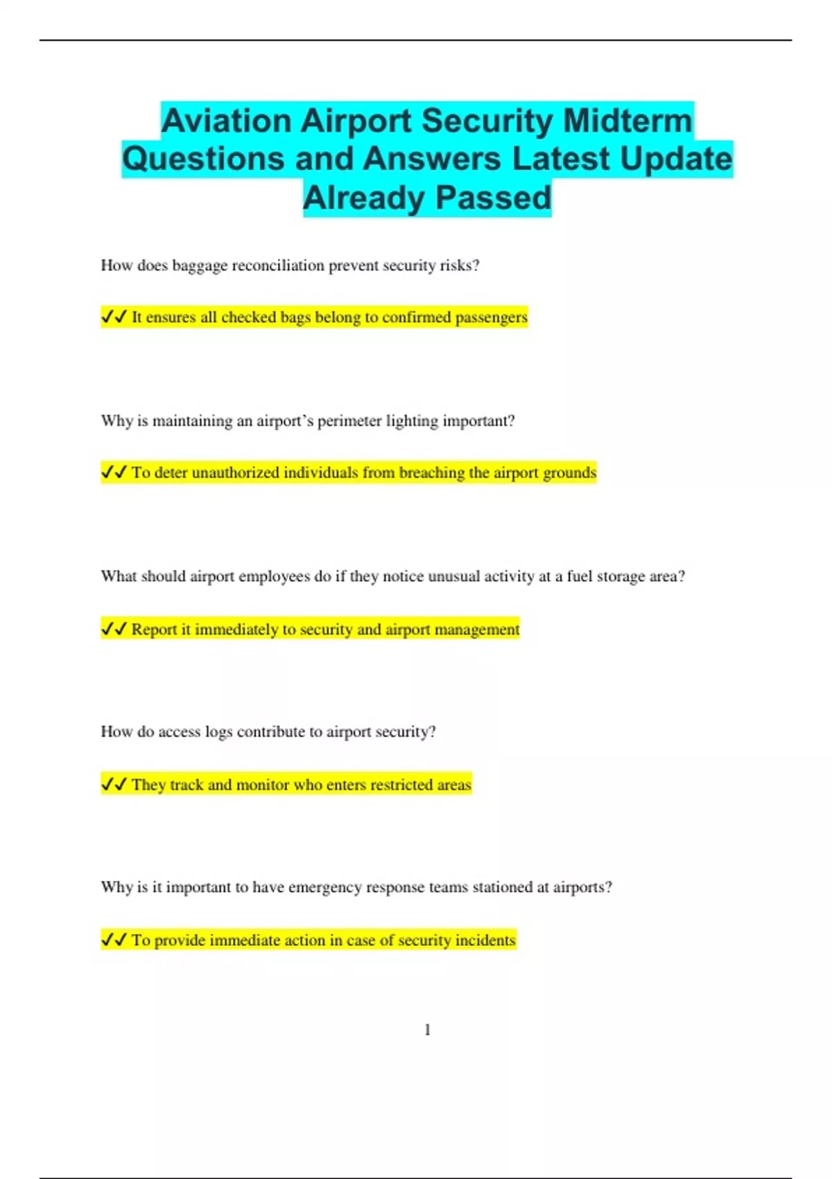 Aviation Airport Security Midterm Questions and Answers Latest Update ...