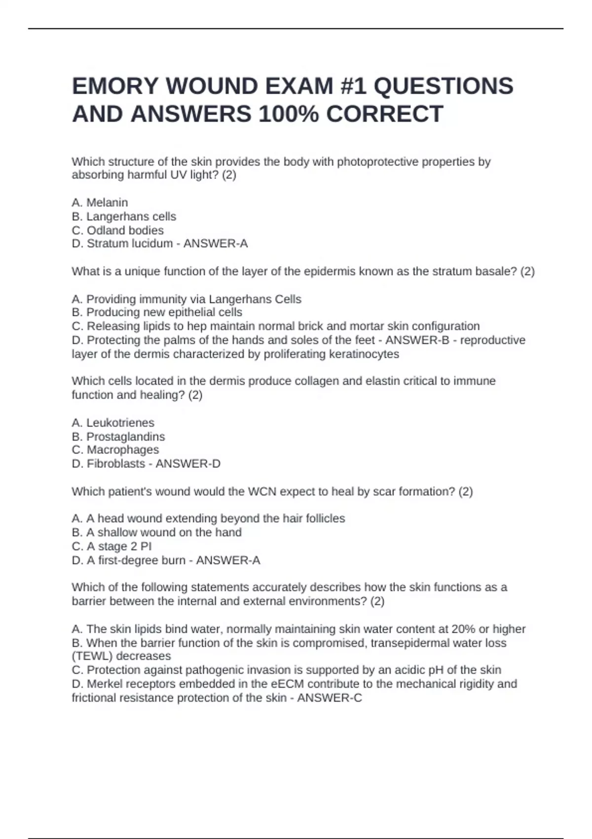 EMORY WOUND EXAM #1 QUESTIONS AND ANSWERS 100% CORRECT - EMORY WOUND ...
