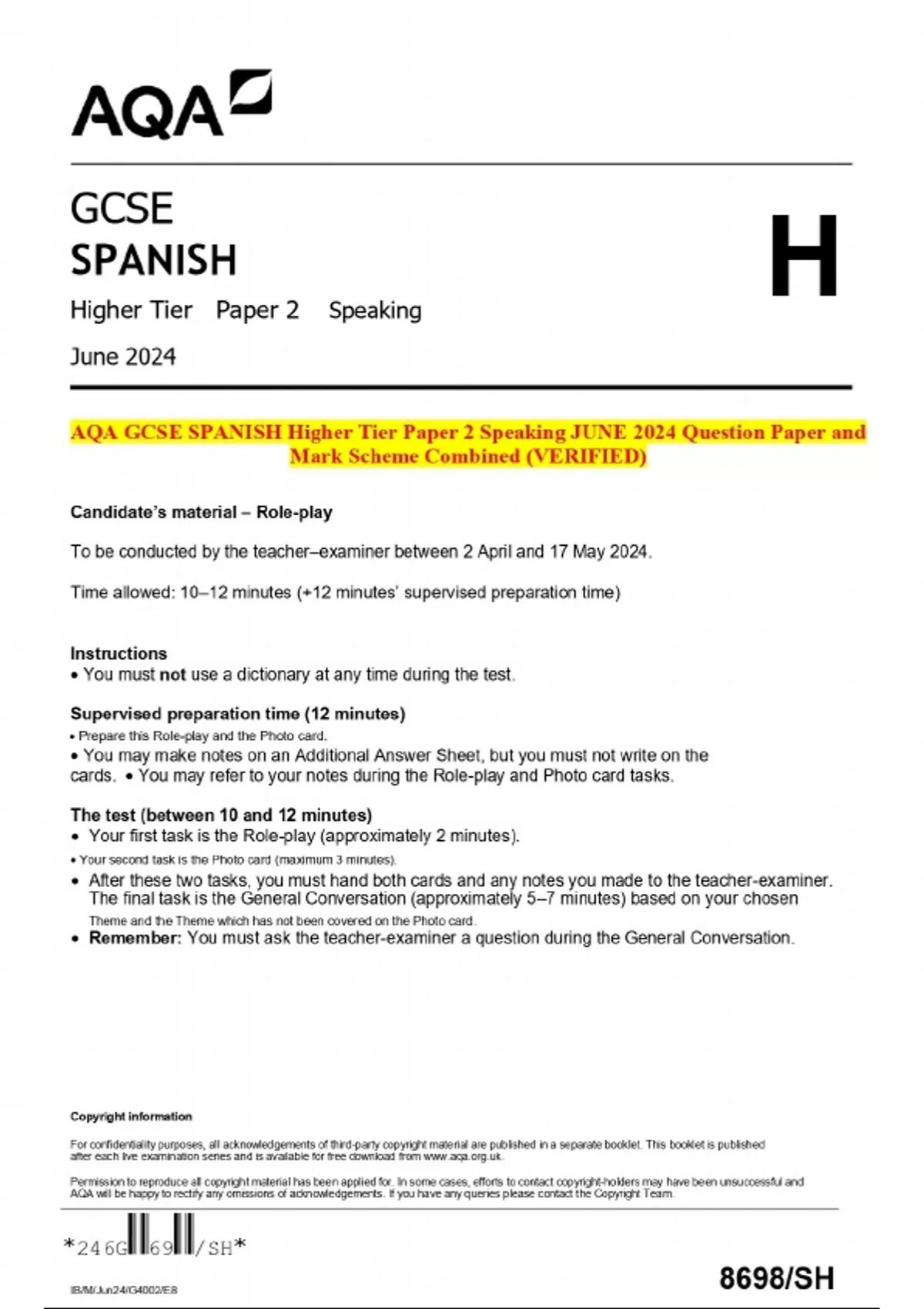 2024 AQA GCSE SPANISH Higher Tier Paper 2 Speaking JUNE Question Paper ...
