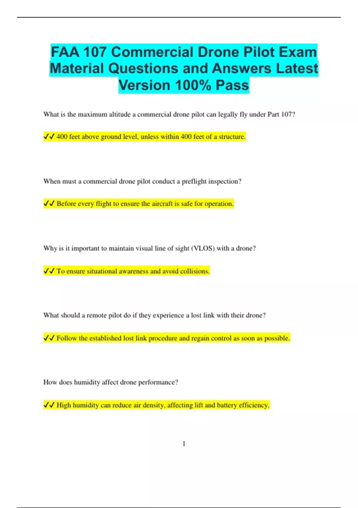 FAA 107 Commercial Drone Pilot Exam Material Questions and Answers ...
