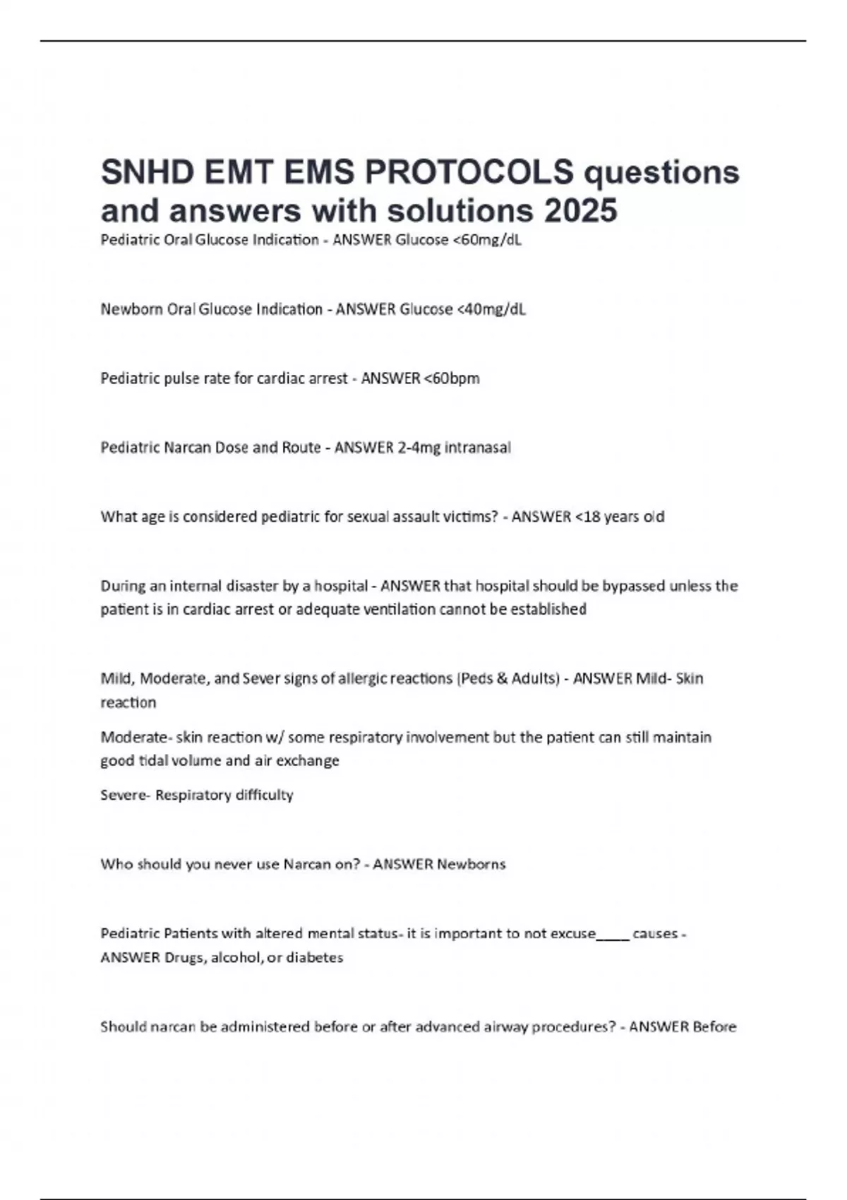 SNHD EMT EMS PROTOCOLS questions and answers with solutions 2025 - SNHD AEMT - Stuvia US