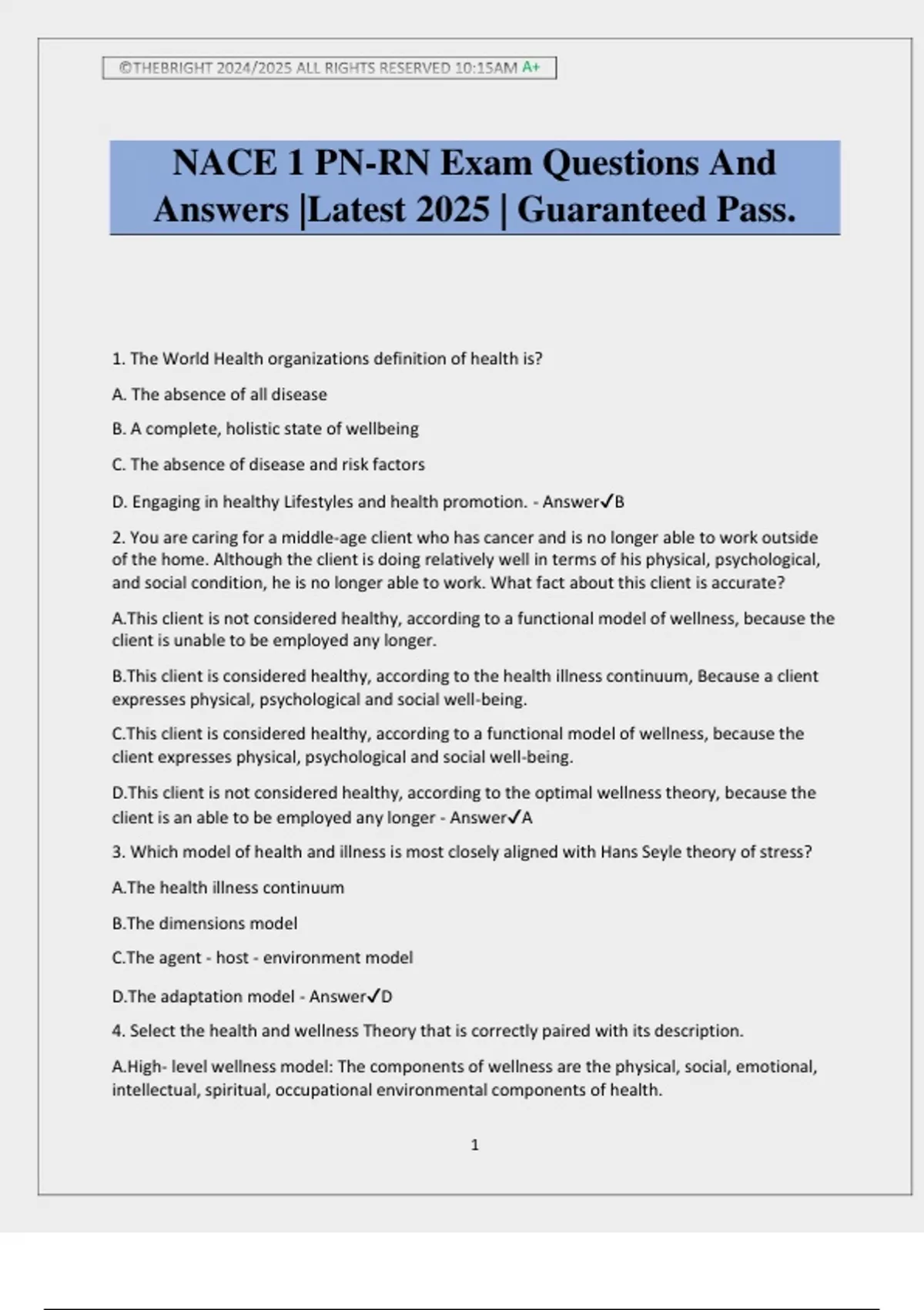 NACE 1 PN-RN Exam Questions And Answers |Latest 2025 | Guaranteed Pass ...