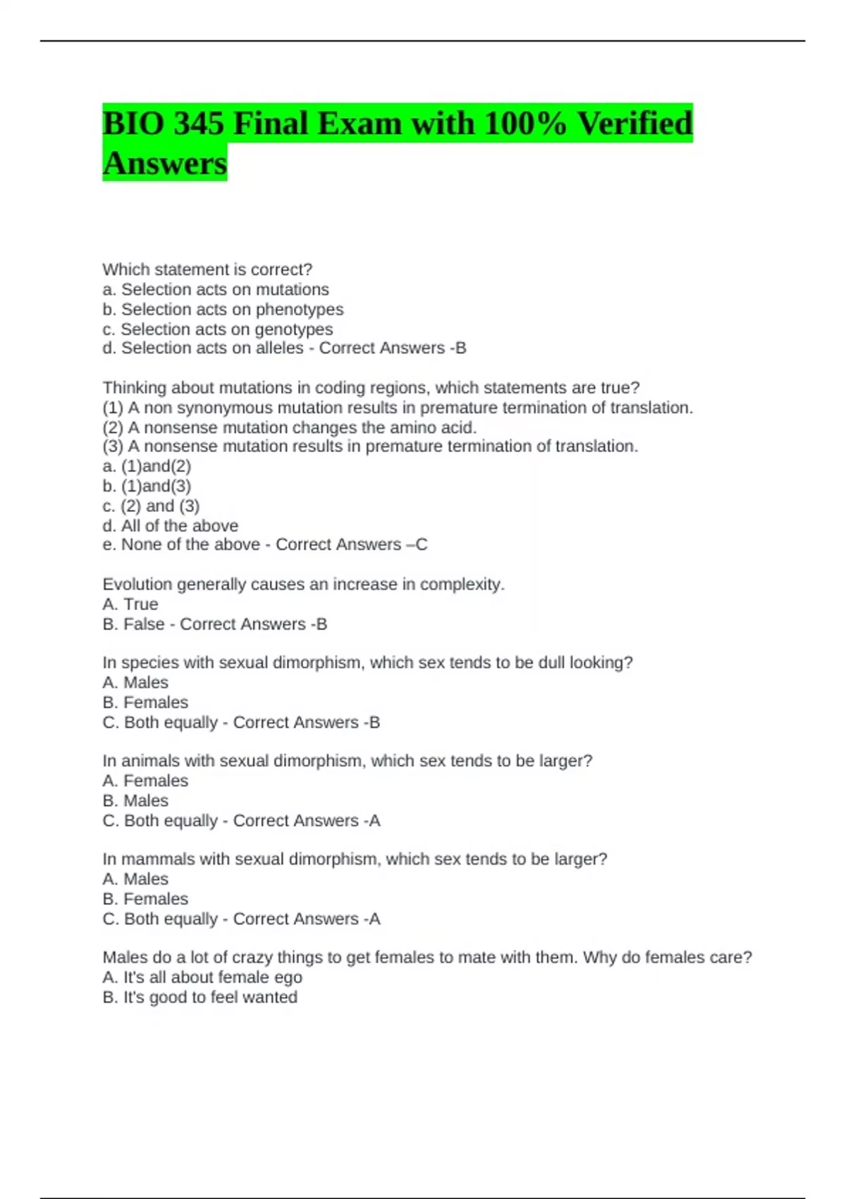 BIO 345 Final Exam with 100% Verified Answers - BIO 345 - Stuvia US