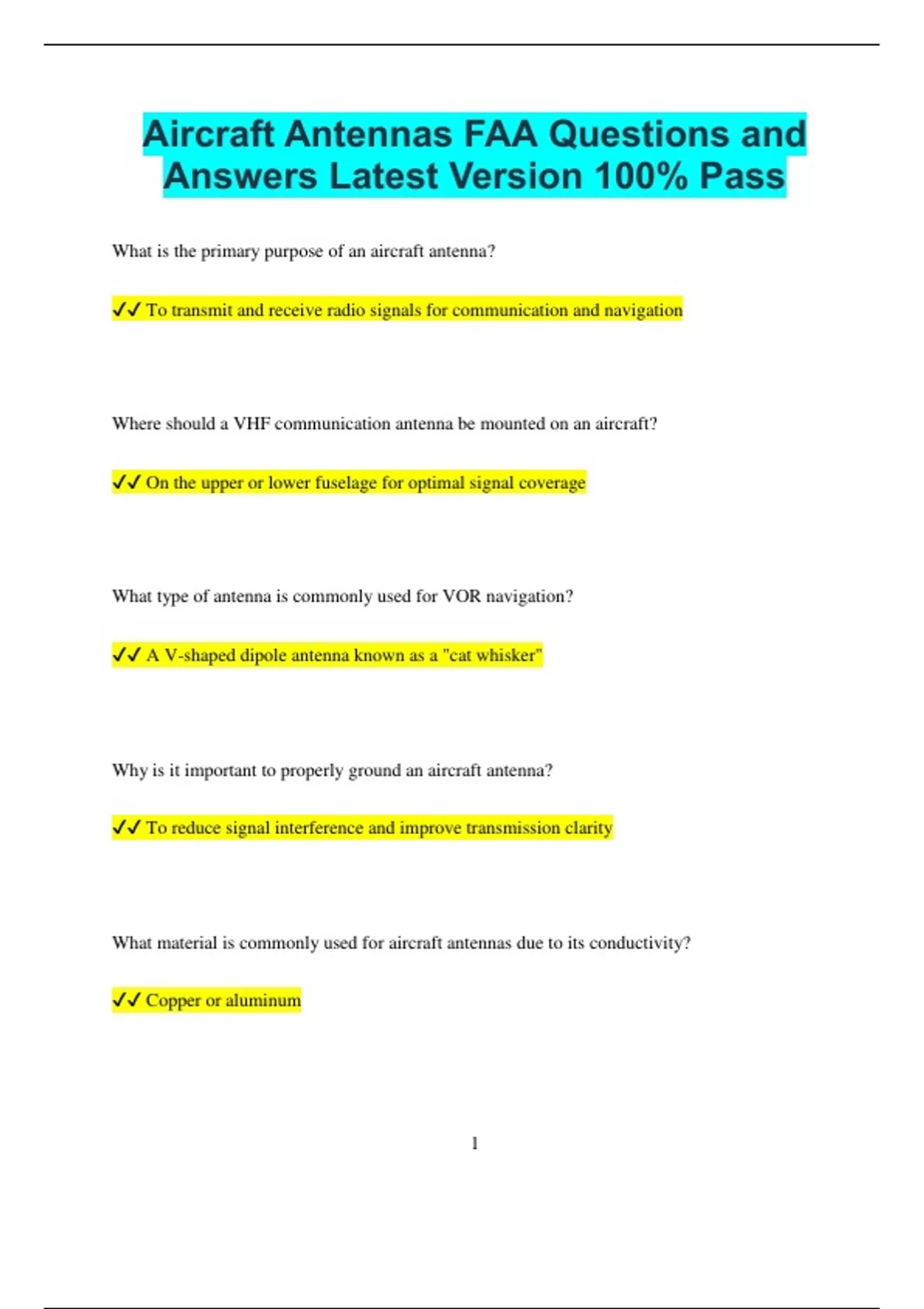 Aircraft Antennas FAA Questions and Answers Latest Version 100% Pass ...