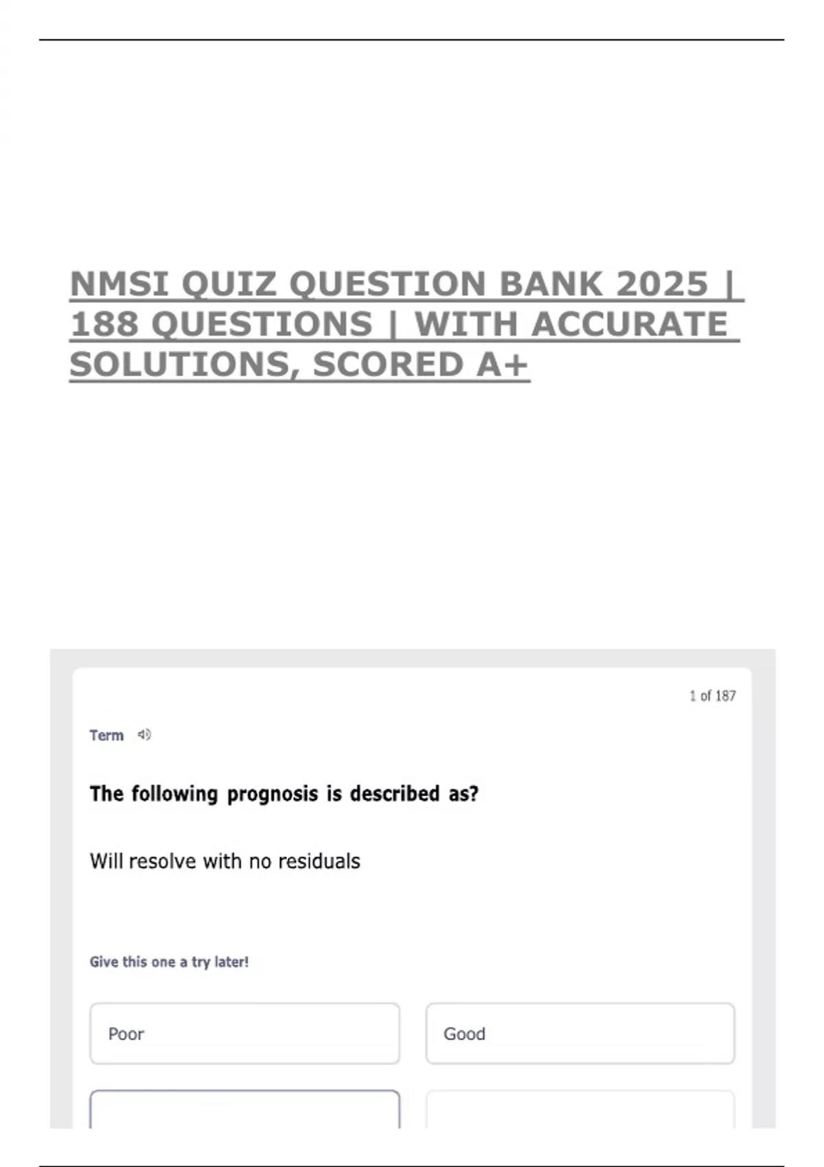 NMSI QUIZ QUESTION BANK 2025 | 188 QUESTIONS | WITH ACCURATE SOLUTIONS, SCORED A+ - NMSI - Stuvia US