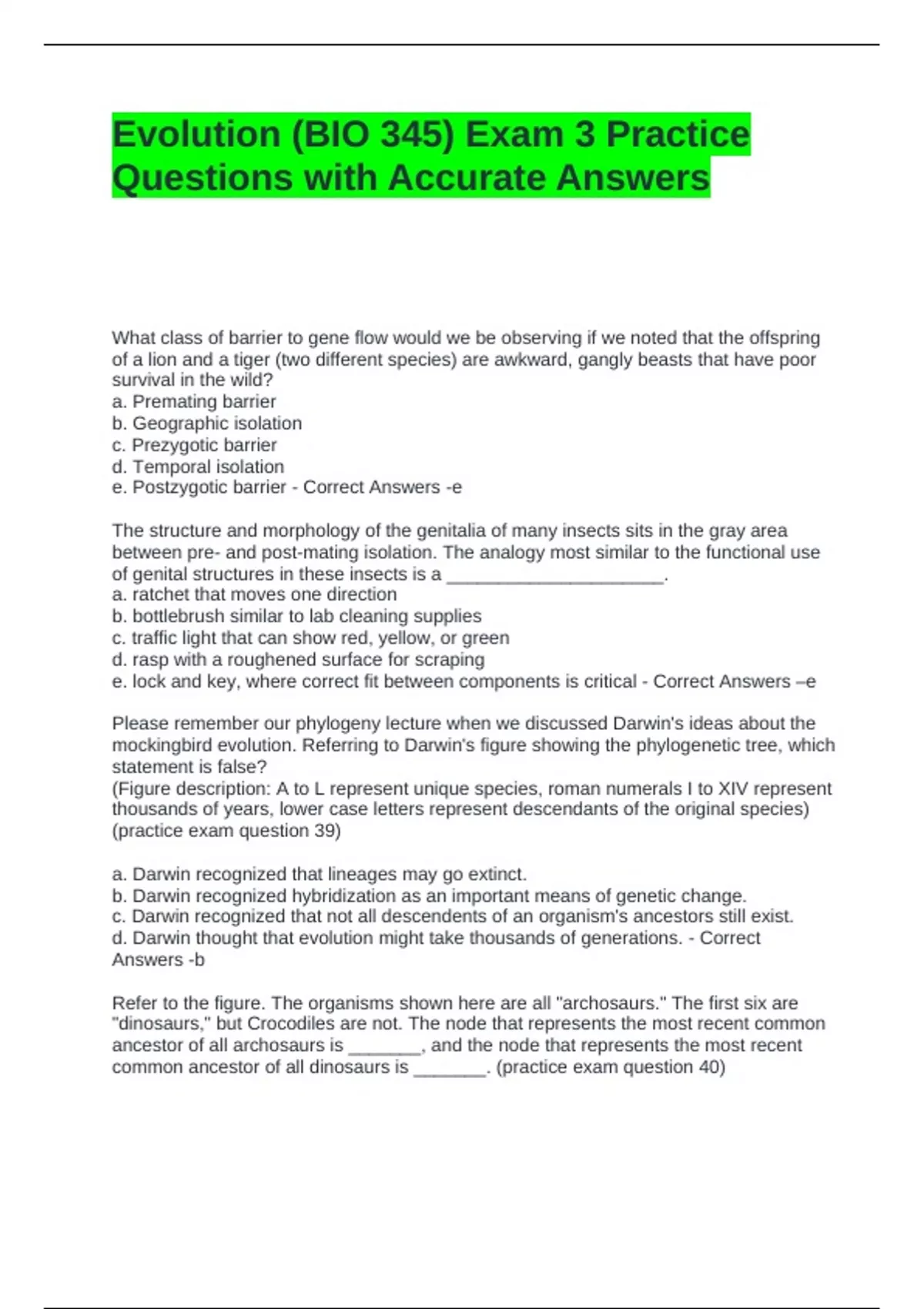 Evolution (BIO 345) Exam 3 Practice Questions with Accurate Answers ...