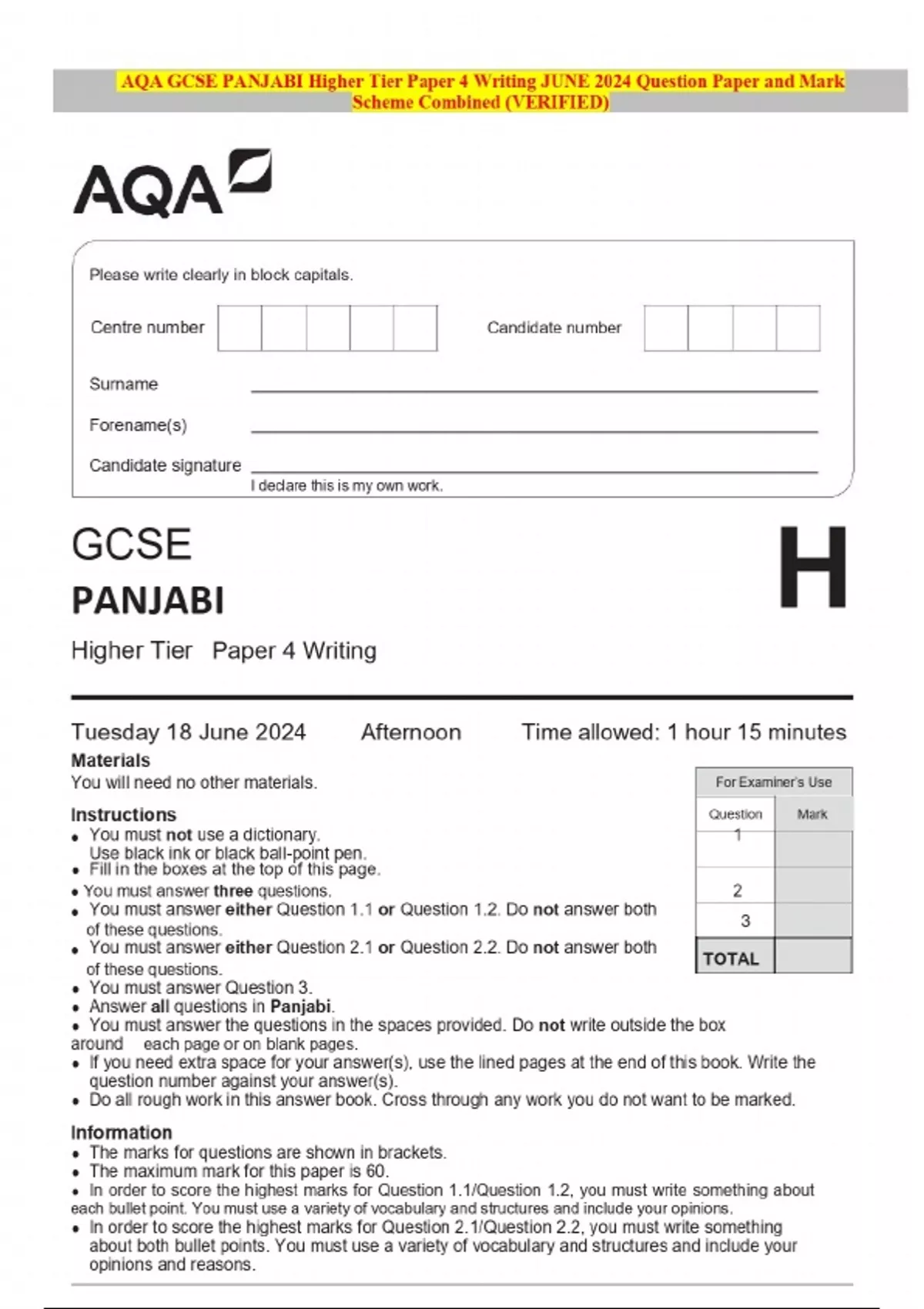 2024 AQA GCSE PANJABI Higher Tier Paper 4 Writing JUNE Question Paper ...