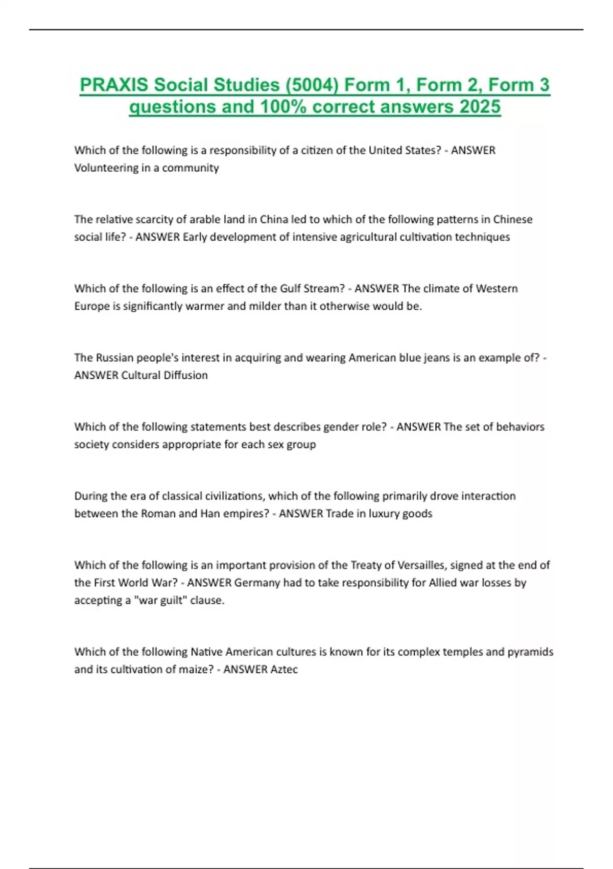 PRAXIS Social Studies (5004) Form 1, Form 2, Form 3 questions and 100% ...