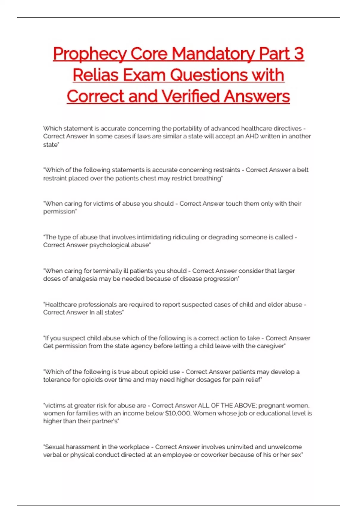 Prophecy Core Mandatory Part 3 Relias Exam Questions with Correct and ...