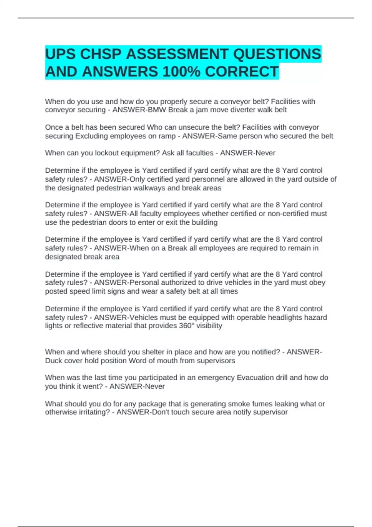 UPS CHSP ASSESSMENT QUESTIONS AND ANSWERS 100% CORRECT - UPS CHSP ...