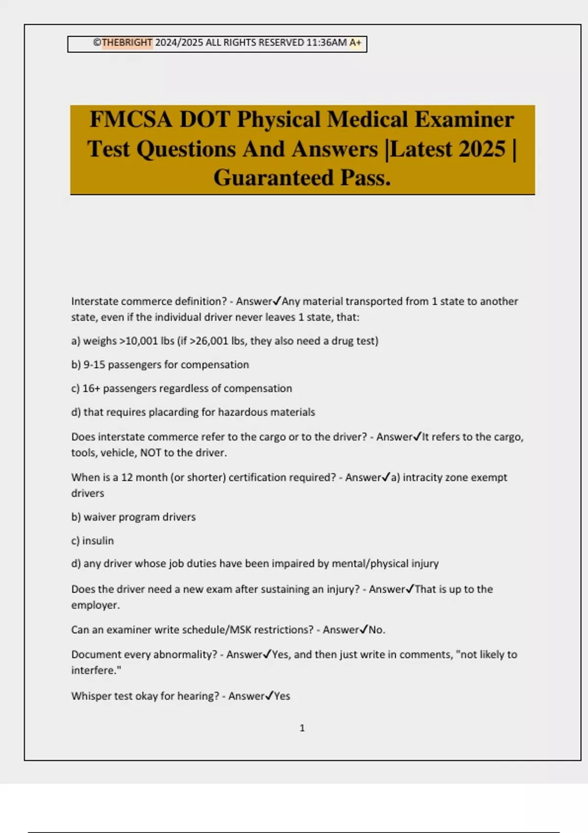 FMCSA DOT Physical Medical Examiner Test Questions And Answers |Latest ...