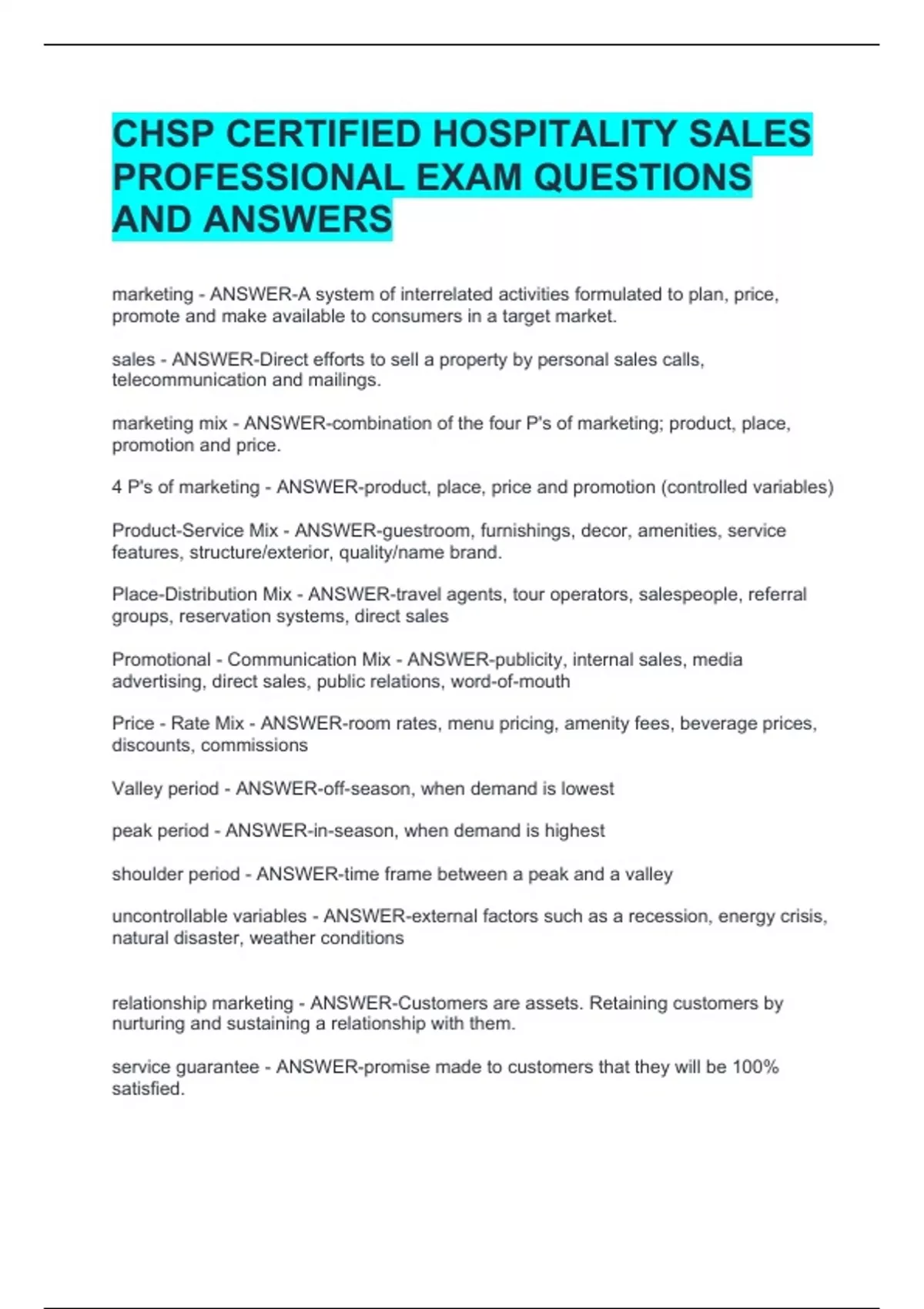 CHSP CERTIFIED HOSPITALITY SALES PROFESSIONAL EXAM QUESTIONS AND ...