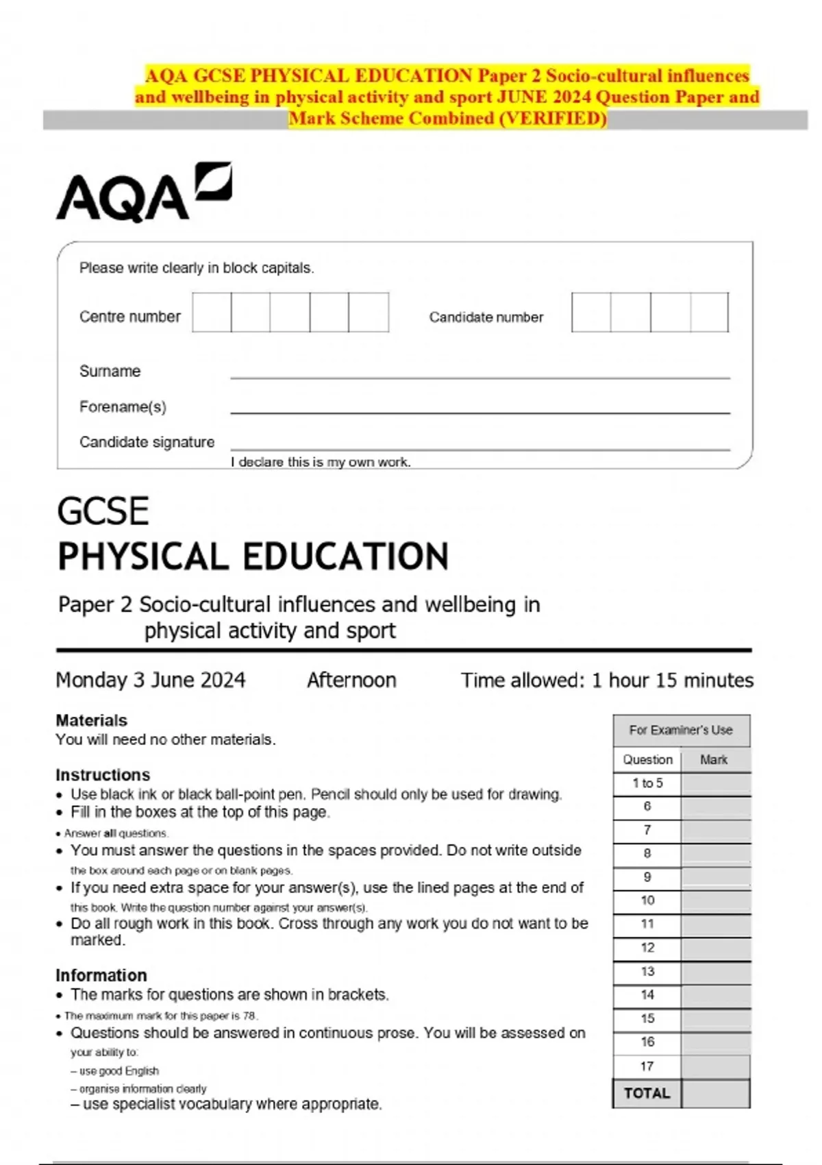 2024 AQA GCSE PHYSICAL EDUCATION Paper 2 Socio-cultural influences and ...