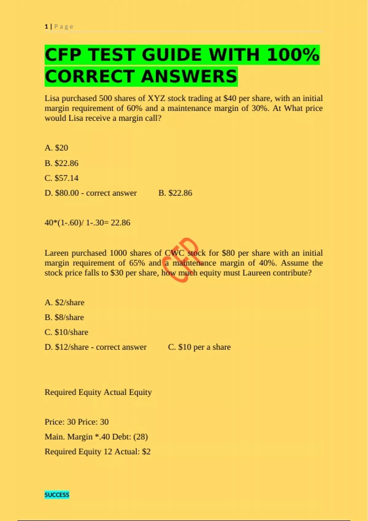CFP TEST GUIDE WITH 100% CORRECT ANSWERS - CFP - Certified Financial ...